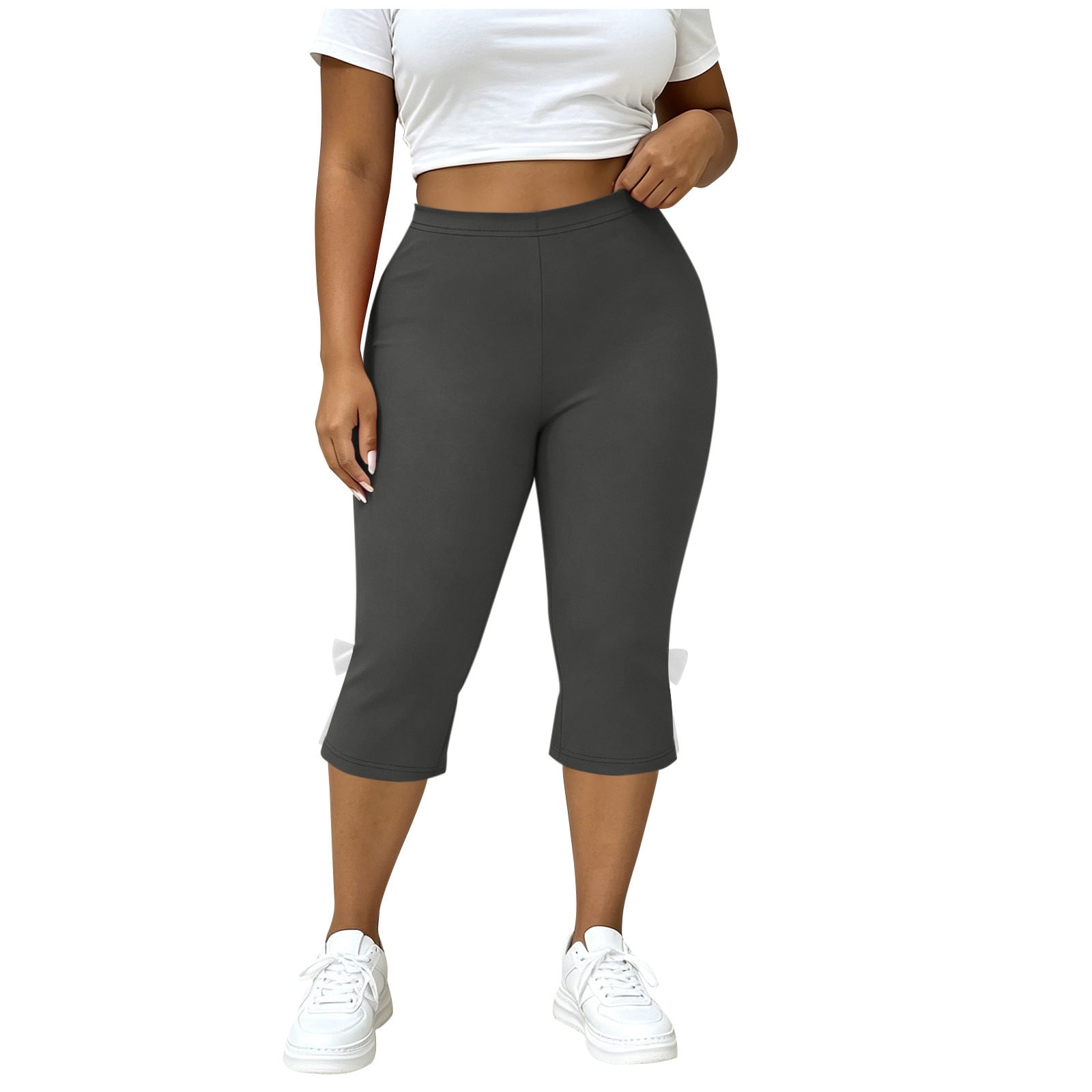 Besolor Plus Size Capri Leggings for Women Elastic High Waisted Bow ...