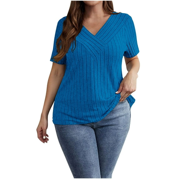 Besolor Plus Size Tops for Women Summer Casual Ribble Knitted V Neck ...