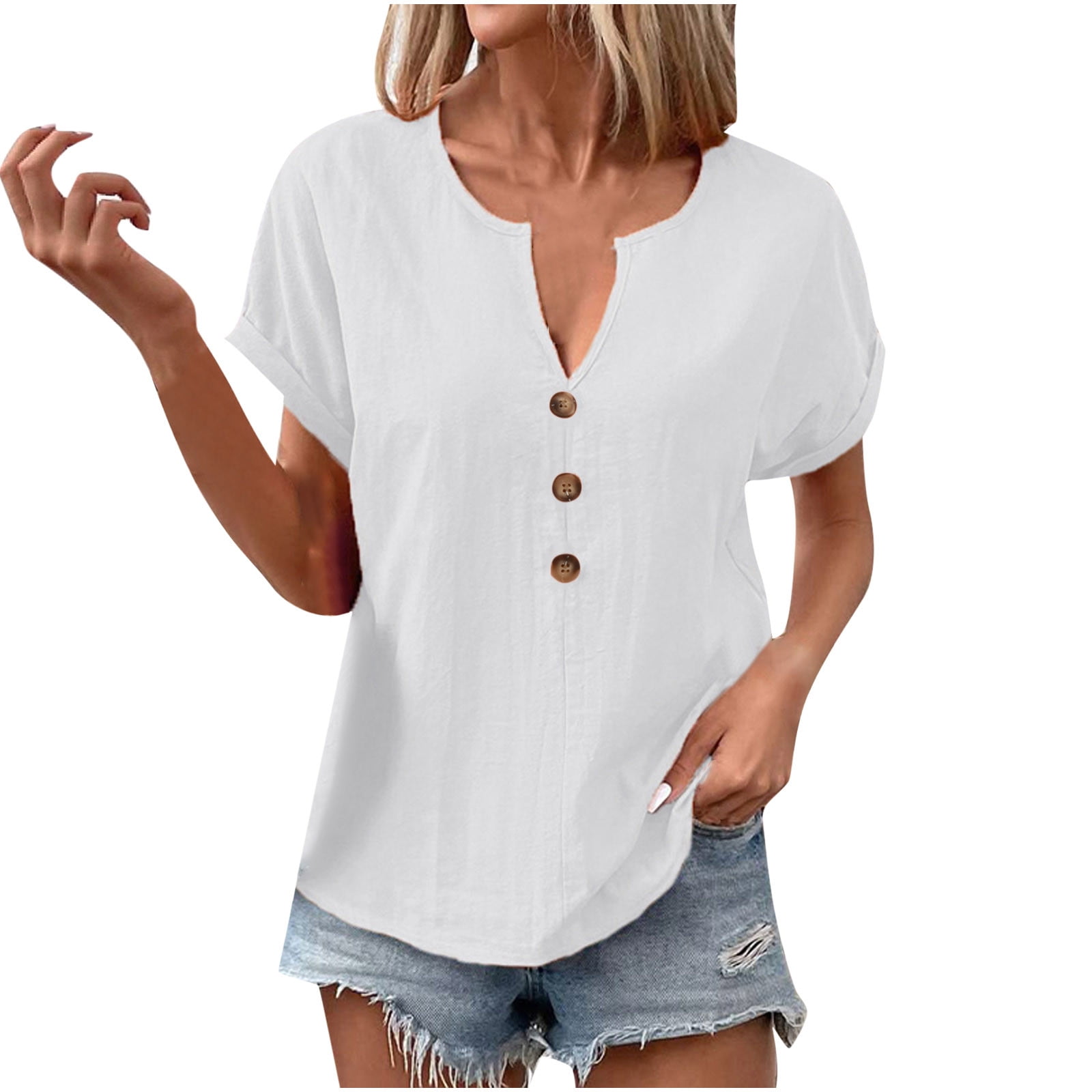 Besolor Plus Size Tops for Women Summer V Neck Button Short Sleeve ...