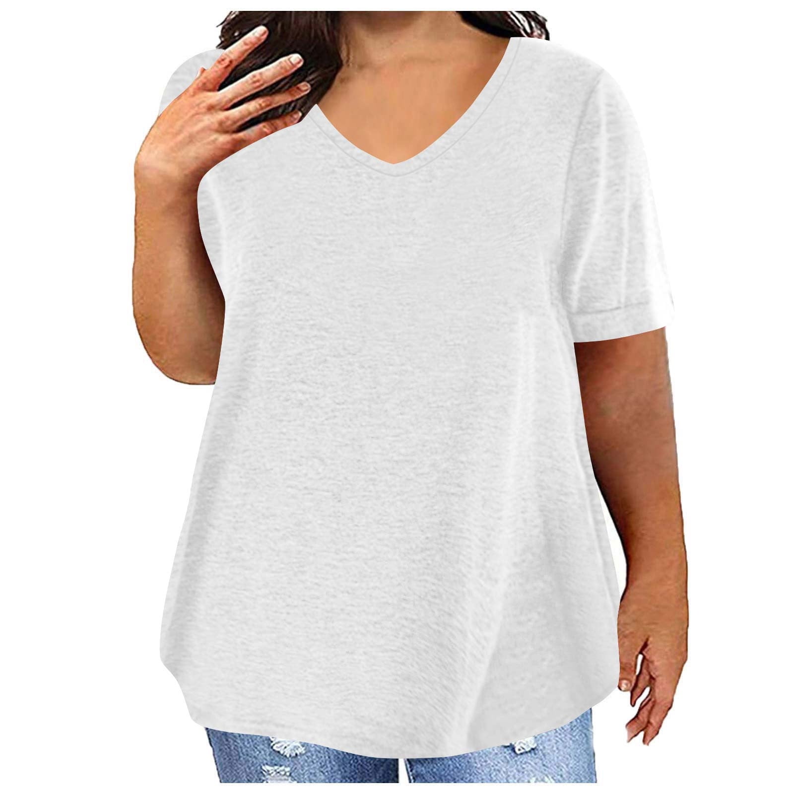 Besolor Plus Size Tops for Women V Neck Short Sleeve Basic Tee Shirts Casual Loose Solid Color ...