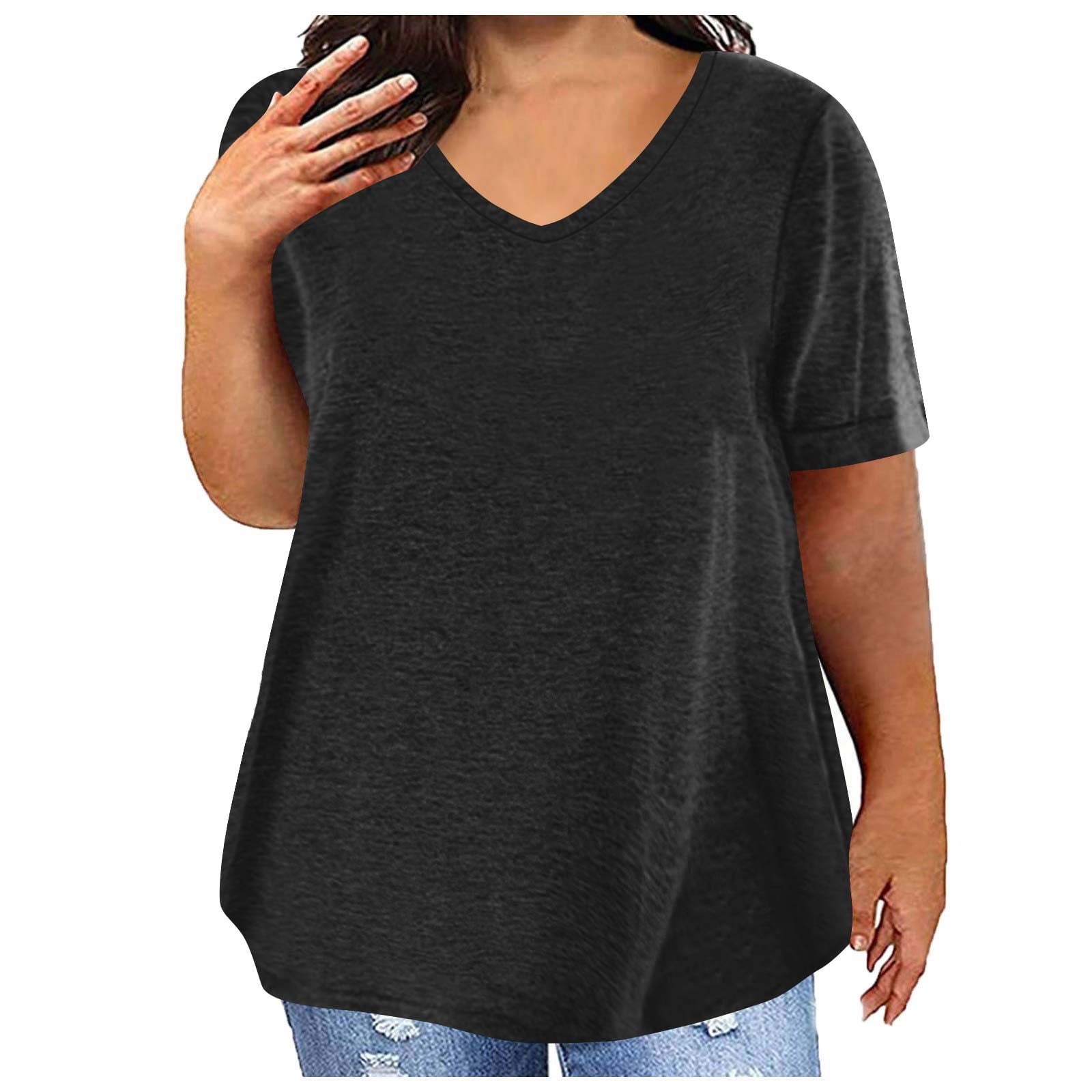 Besolor Plus Size Tops for Women V Neck Short Sleeve Basic Tee Shirts Casual Loose Solid Color ...