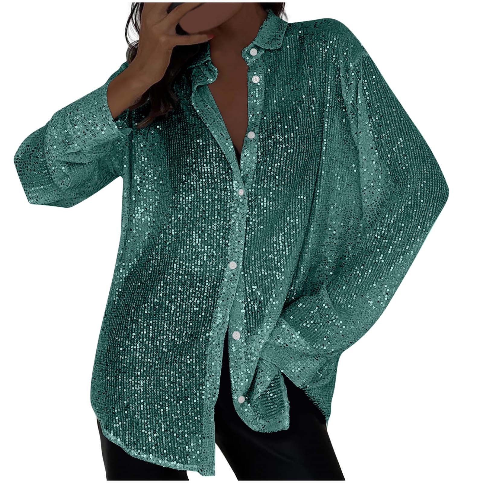 Besolor Sequin Button down Shirt for Women Long Sleeve Glitter Sparkly ...