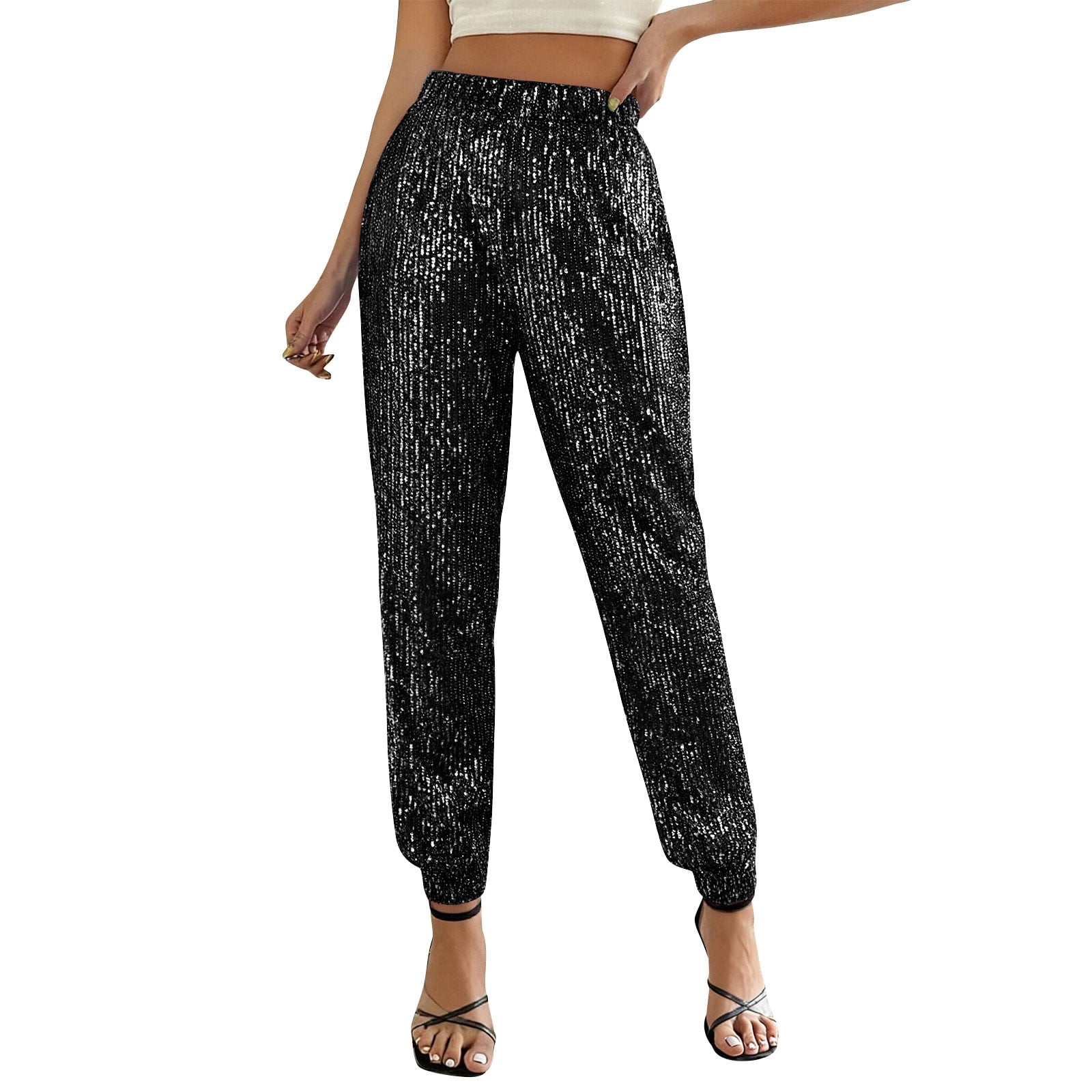 Besolor Sequin Pants for Women Sparkly Glitter Elastic Waist Party Club ...