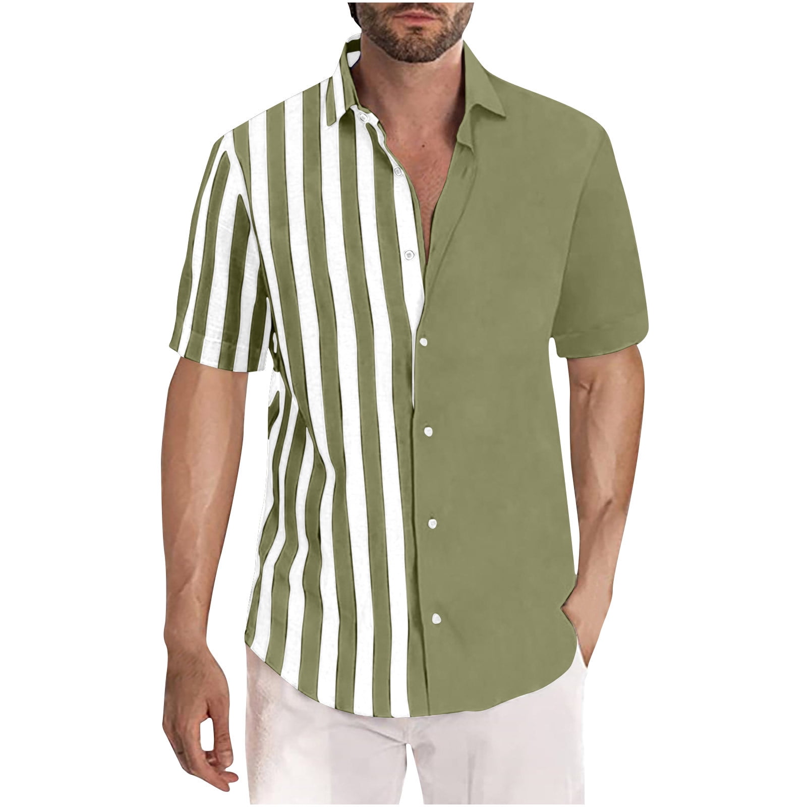 Besolor Short Sleeve Tops for Men Stripe Patchwork Button down Shirts ...