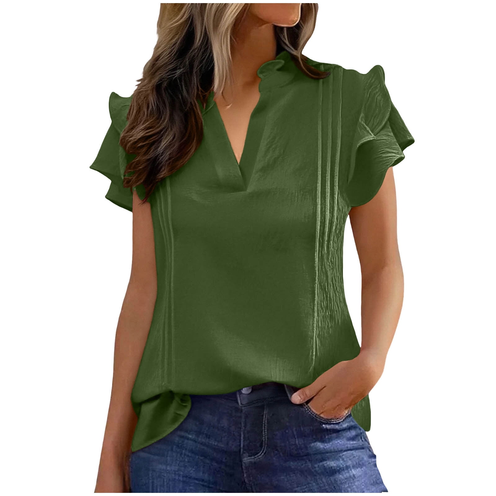 Besolor Summer Blouses for Women Dressy Casual V Neck Ruffle Short ...