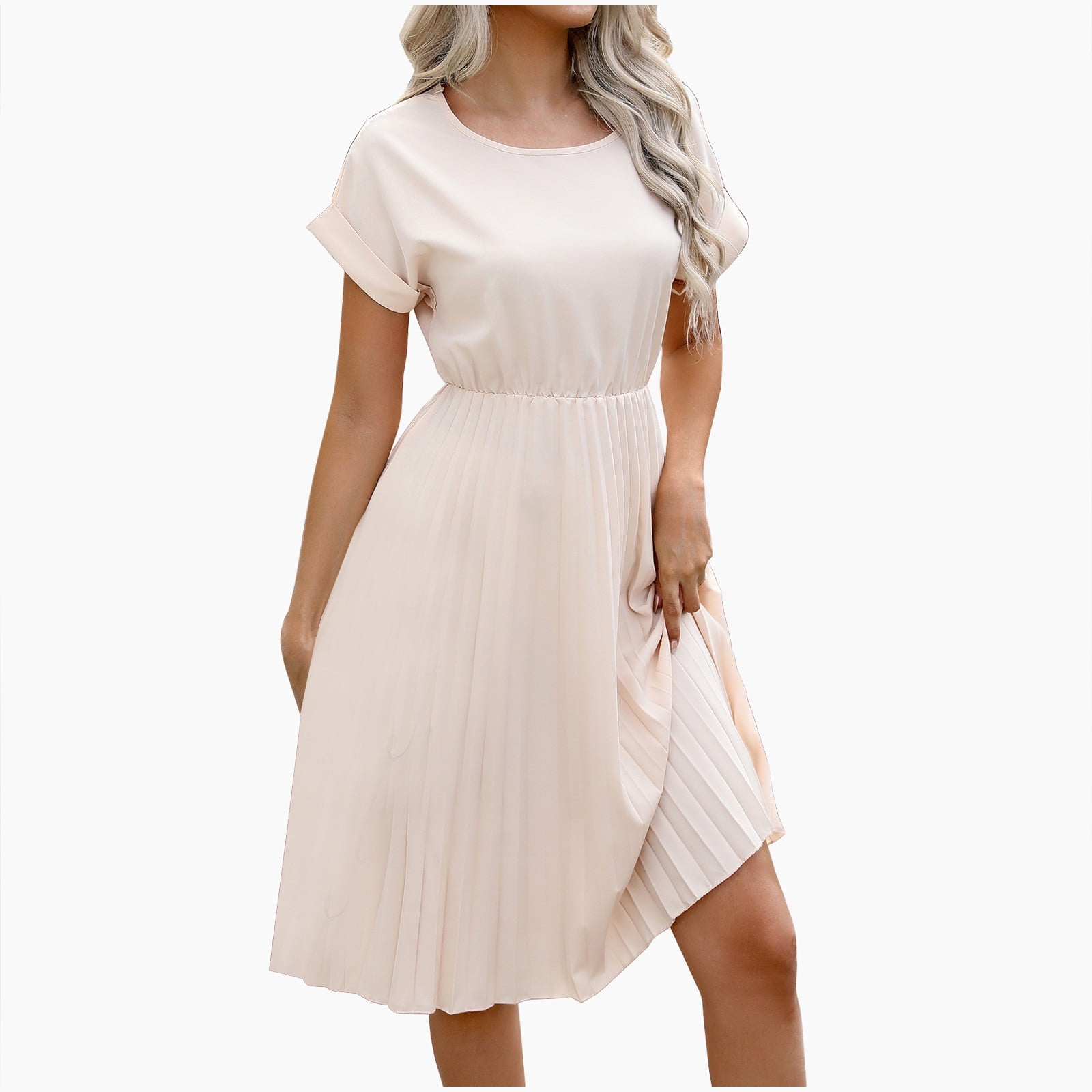 Besolor Summer Dress for Women Round Neck Short Sleeve Pleated Casual A ...