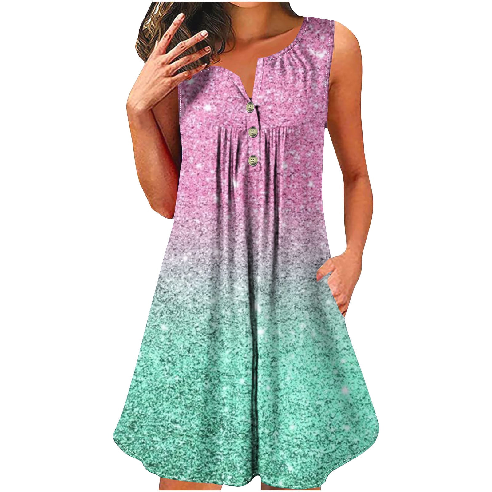 Besolor Summer Dresses for Women Round Neck Sparkly Sleeveless Tank ...