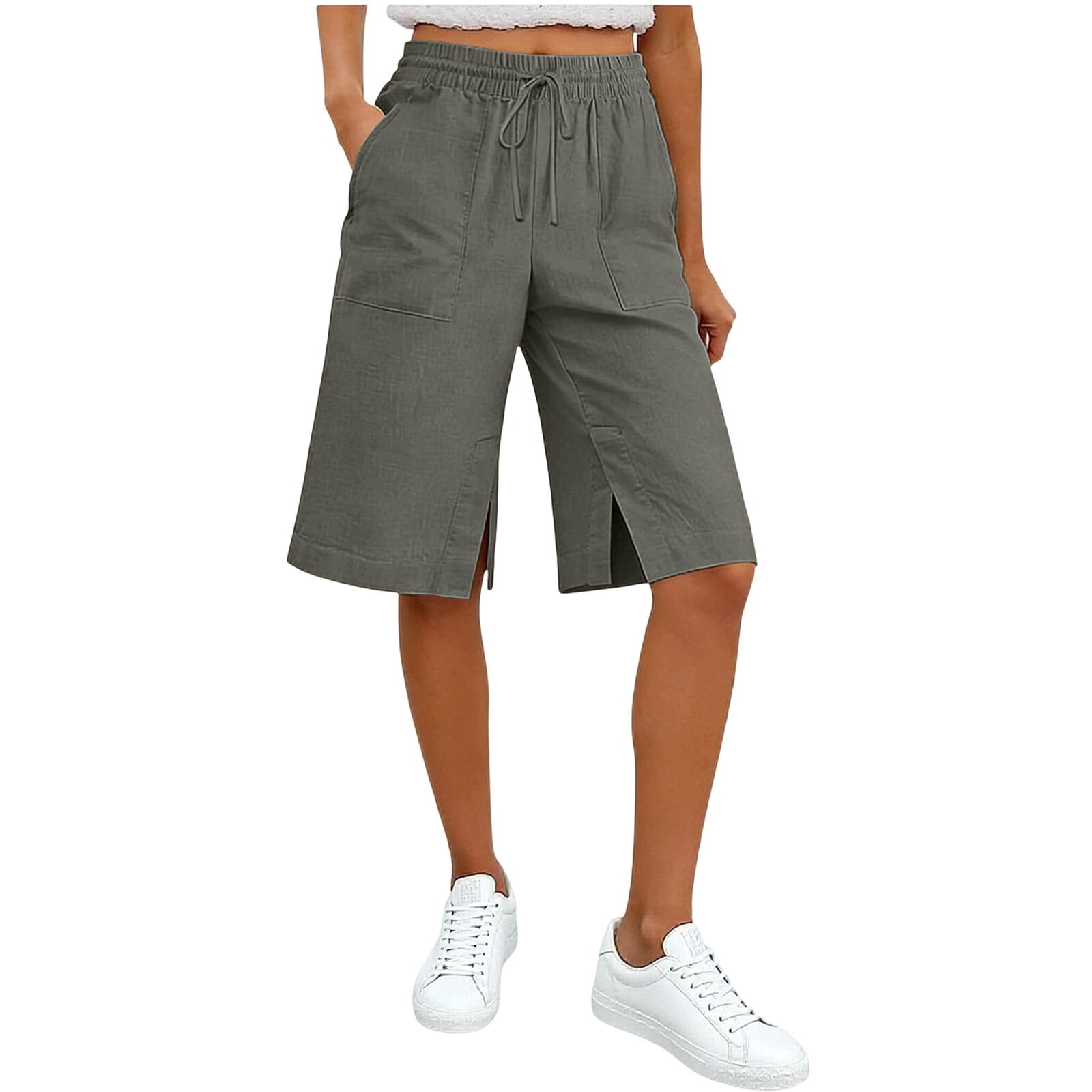 Besolor Summer Shorts for Women Straight Leg Side Slit Drawstring High ...