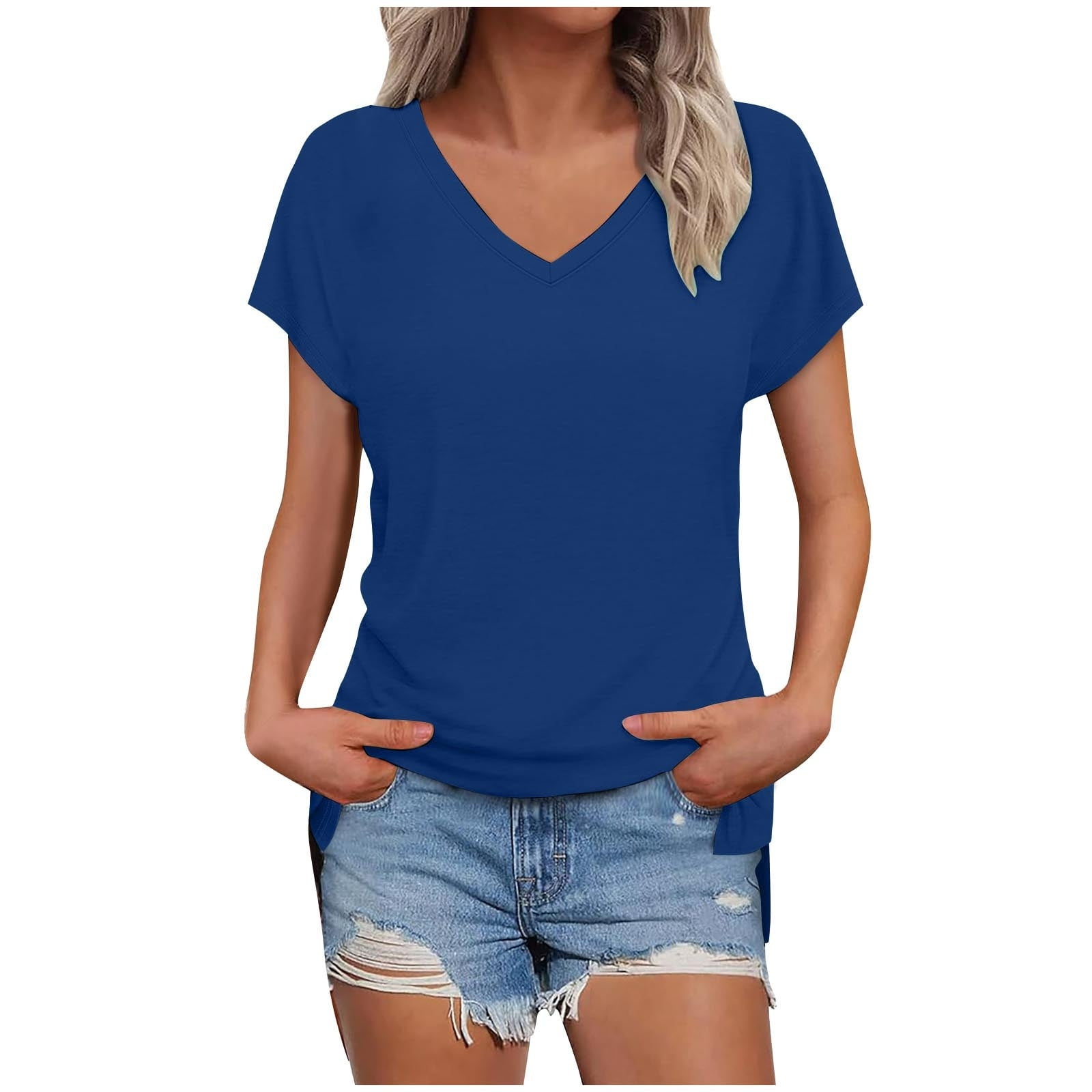 Besolor Summer Tops for Women V Neck Short Sleeve T-Shirts Loose ...