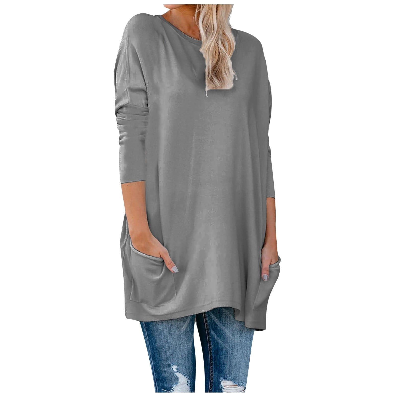 Women's Casual Crewneck Long Sleeve Tunic Tops with Pockets, Plus Size ...