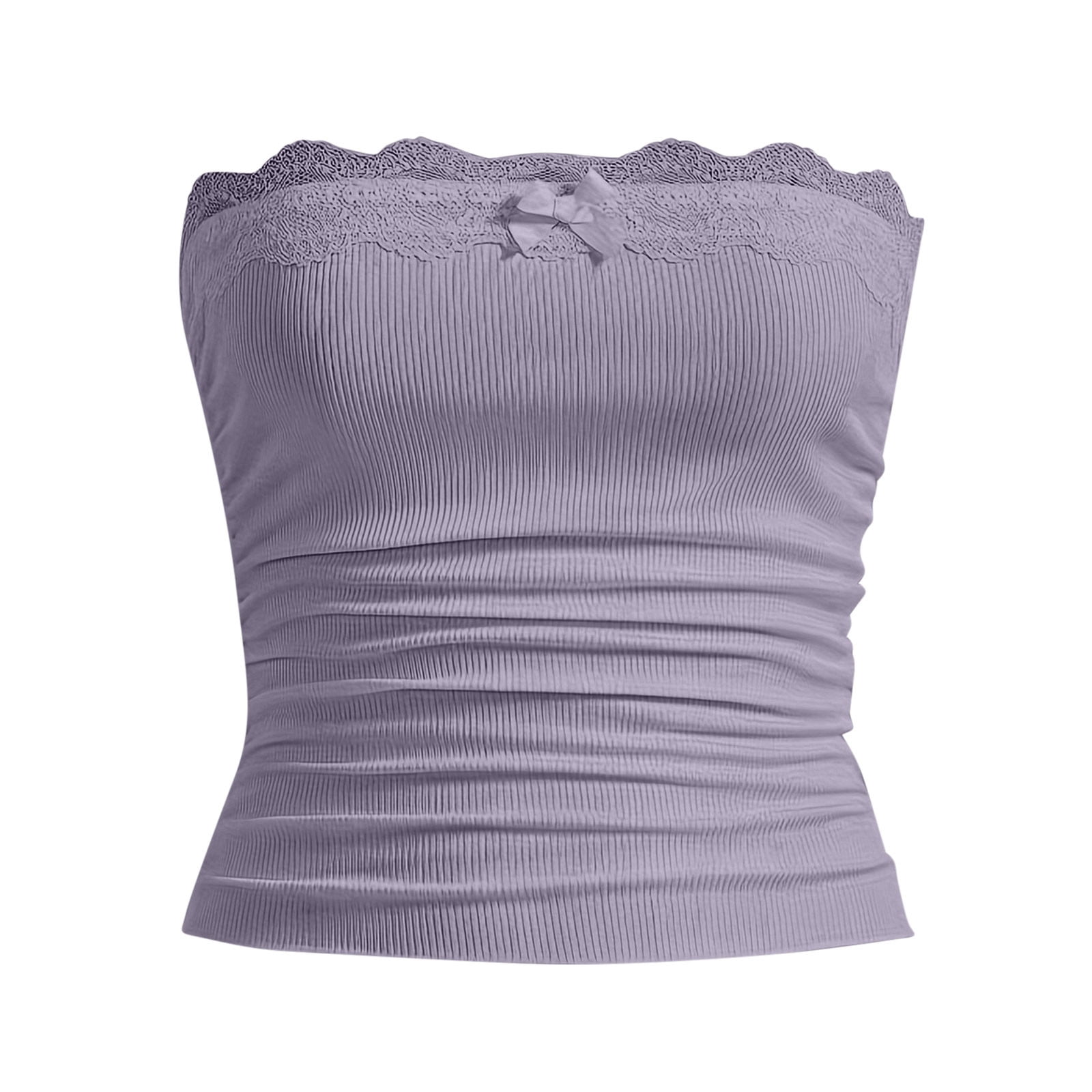 Besolor Women Lace Trim Tube Top Strapless Ribbed Knit Slim Fitted ...