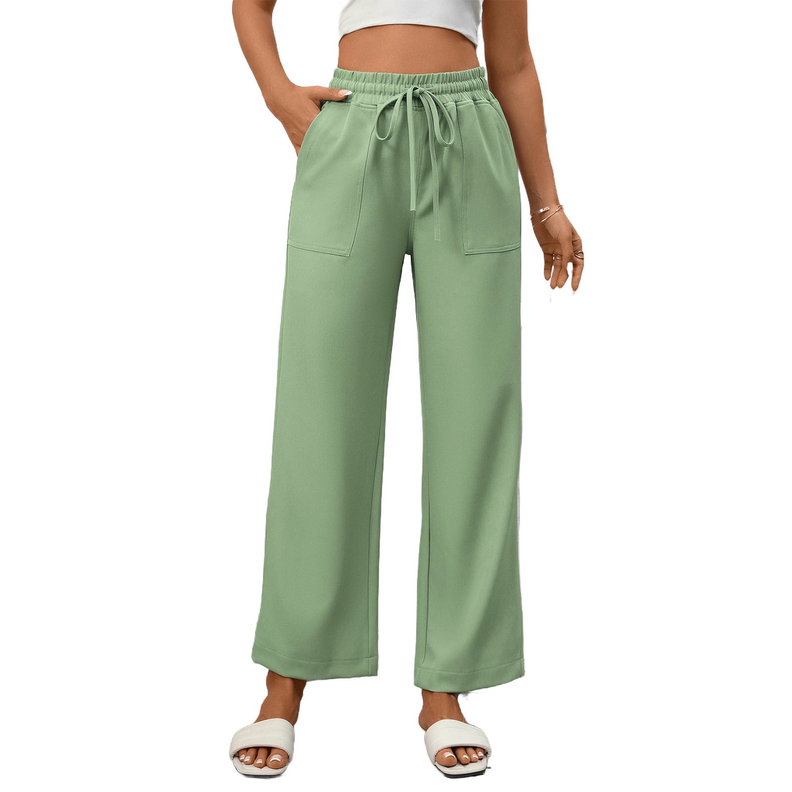Besolor Women Wide Leg Pants Drawstring Elastic High Waisted Casual ...