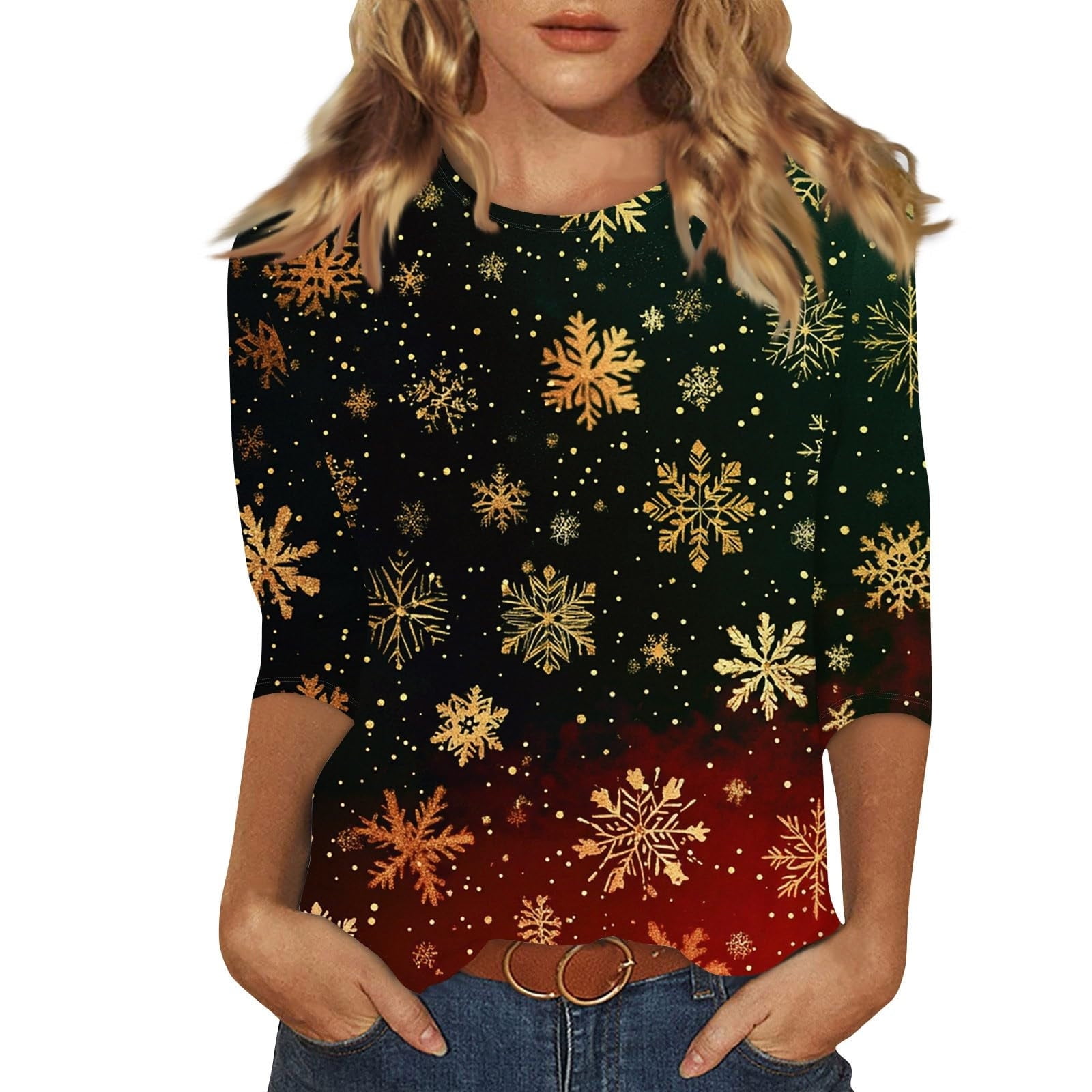 Besolor Women's Christmas 3/4 Sleeve T-Shirts 2025 Trendy Printed Round ...