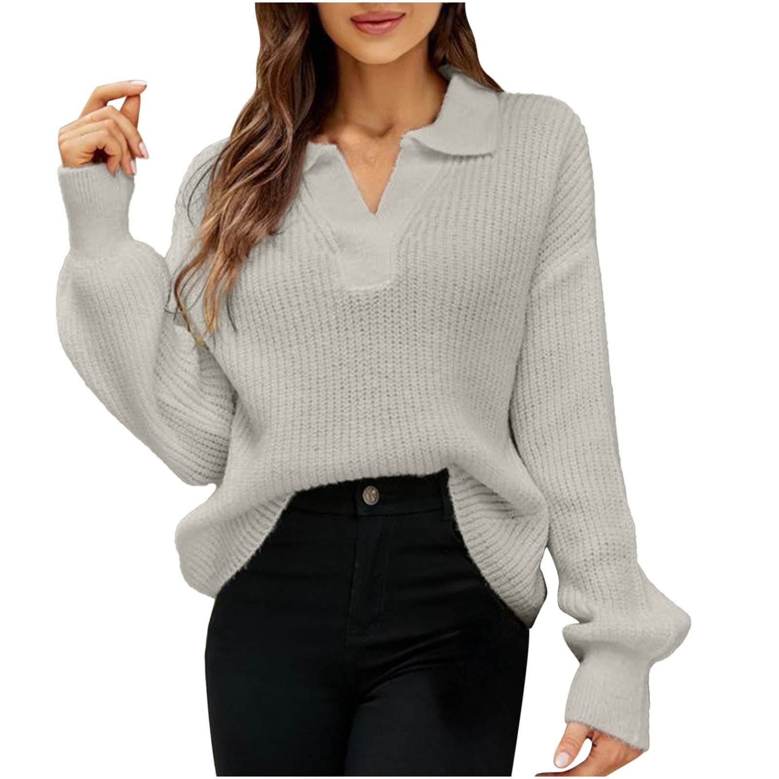 Besolor Women's Fall Collared Sweaters 2024 Long Sleeve V Neck Casual Loose Ribbed Knit Pullover ...