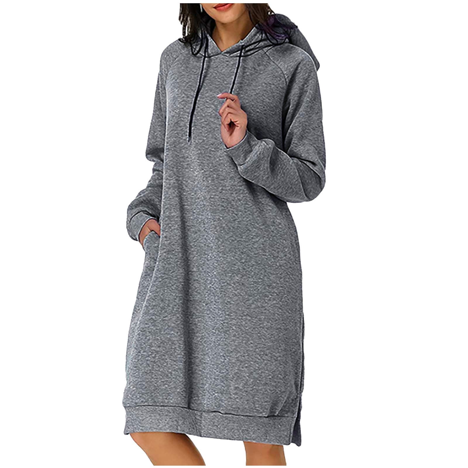 Besolor Women's Hooded Sweatshirt Dress Casual Loose Drawstring Long ...