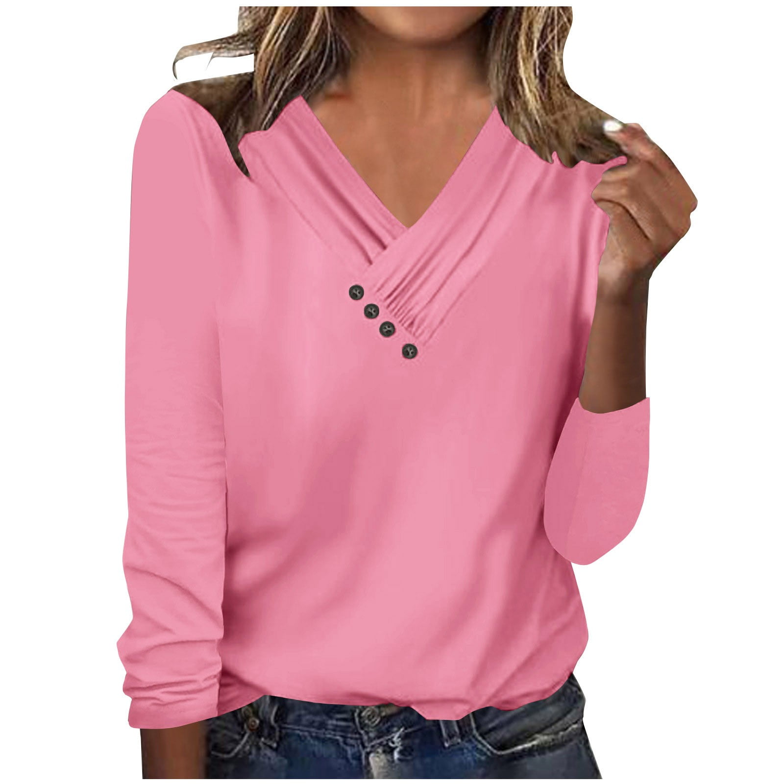 Besolor Women's Long Sleeve Shirts Trendy Button V Neck Solid Color ...