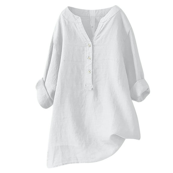 Enjoytime Womens Tops Solid Color Cotton Linen Button Down Shirts ...
