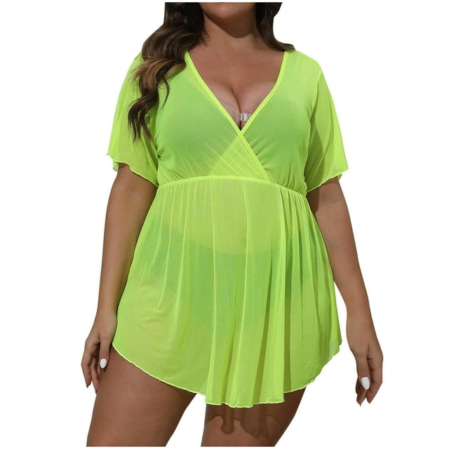 Besolor Women's Plus Size Swimsuit Cover Up Mesh Deep V Neck Beach ...