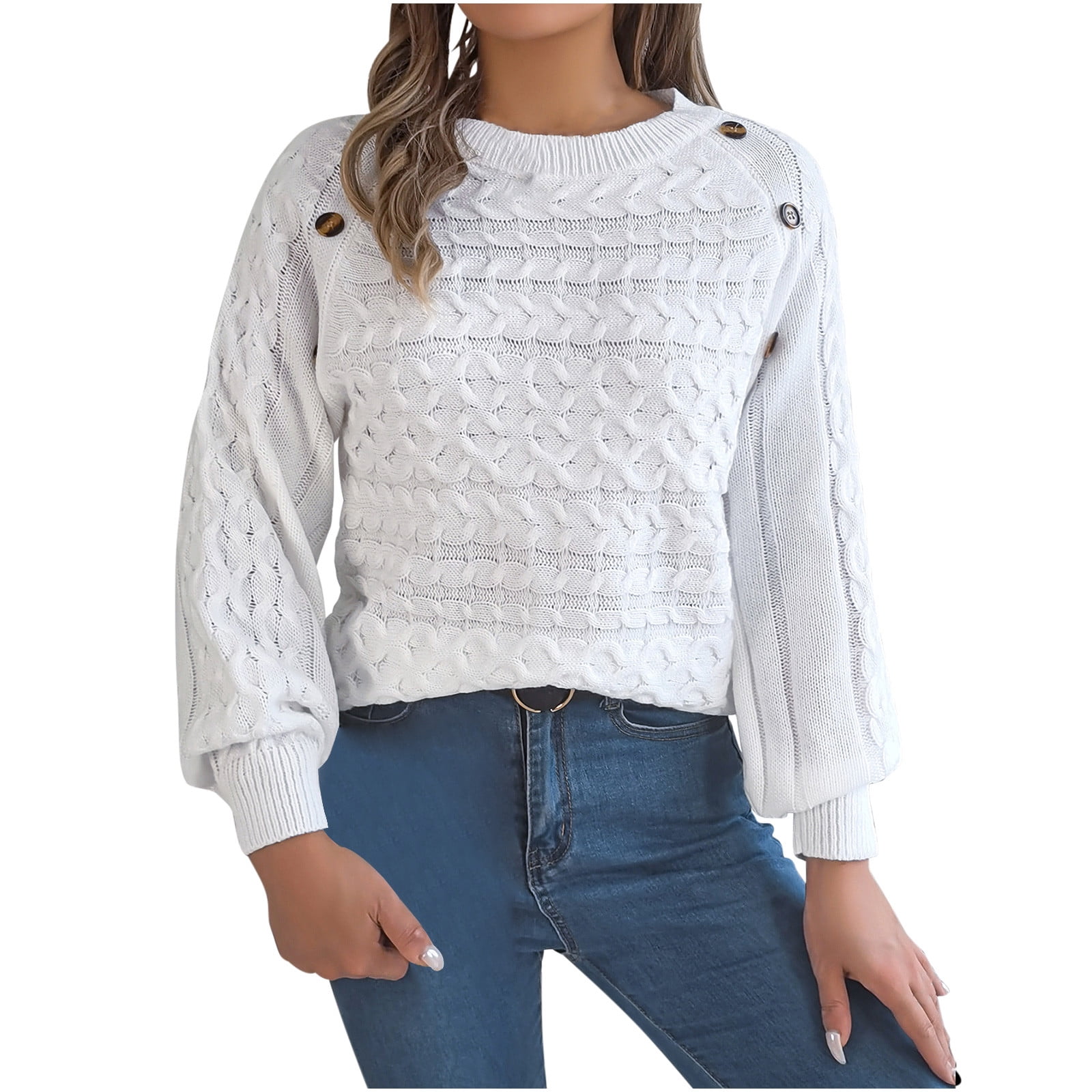 Besolor Womens Round Neck Pullover Sweaters Trendy Casual Button Long