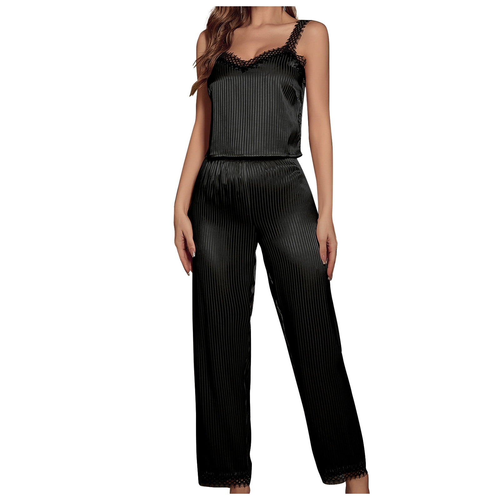 Besolor Women's Satin Pajama Sets 2 Piece Lace V Neck Sleeveless Cami ...