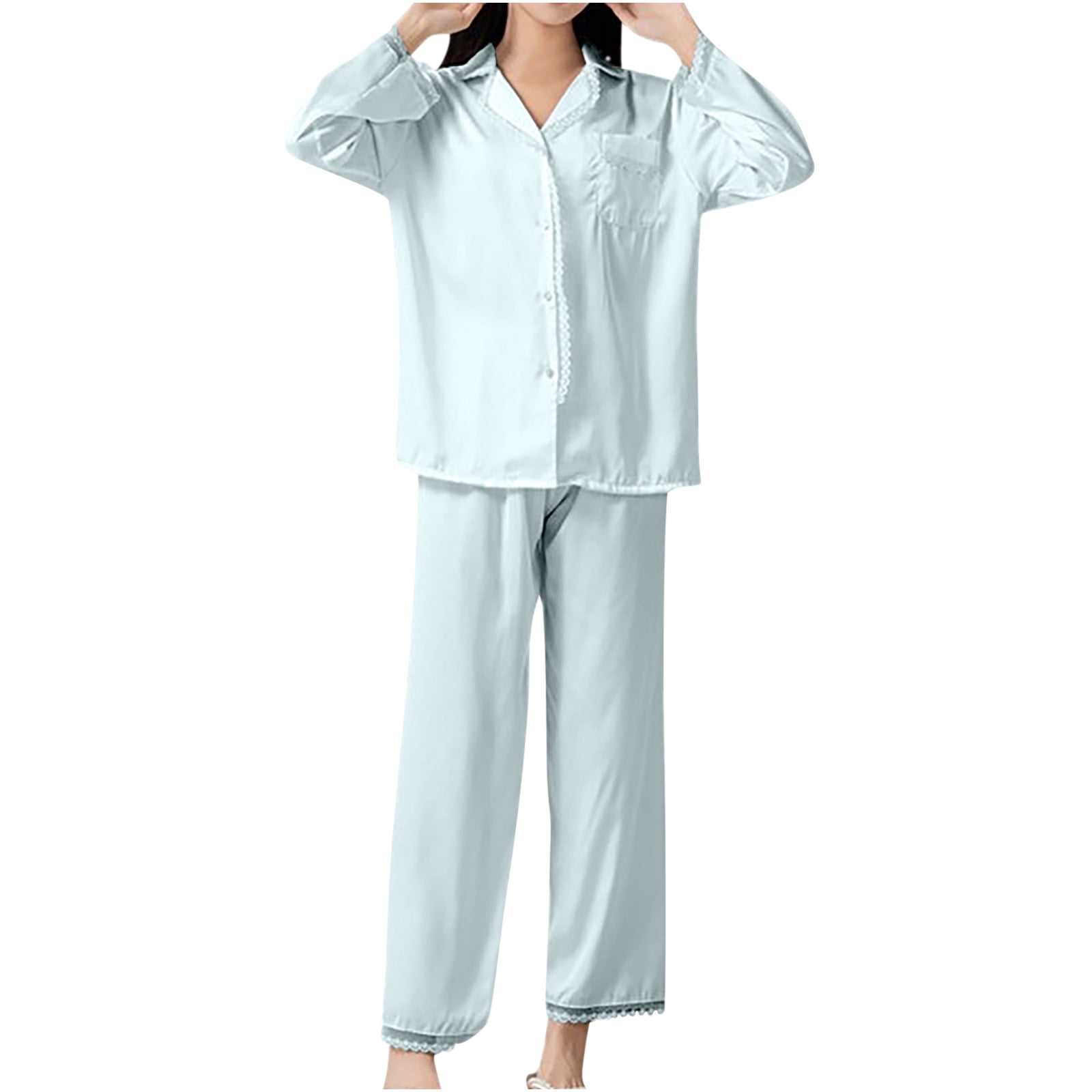 Besolor Women's Silk Satin Pajama Sets 2 Piece Long Sleeve Button down ...