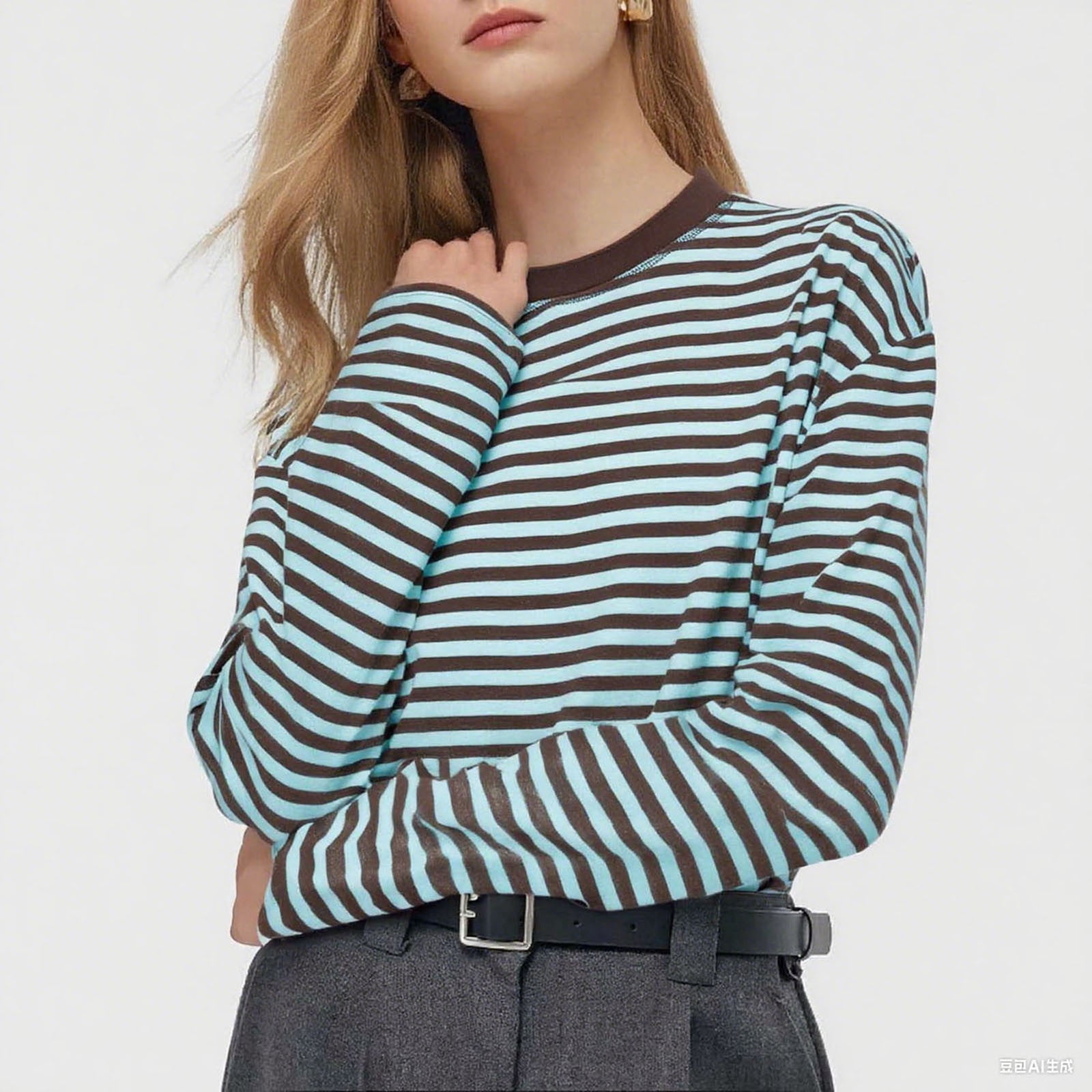 Besolor Women's Striped Long Sleeve Shirts Crew Neck Fall Basic Tee ...