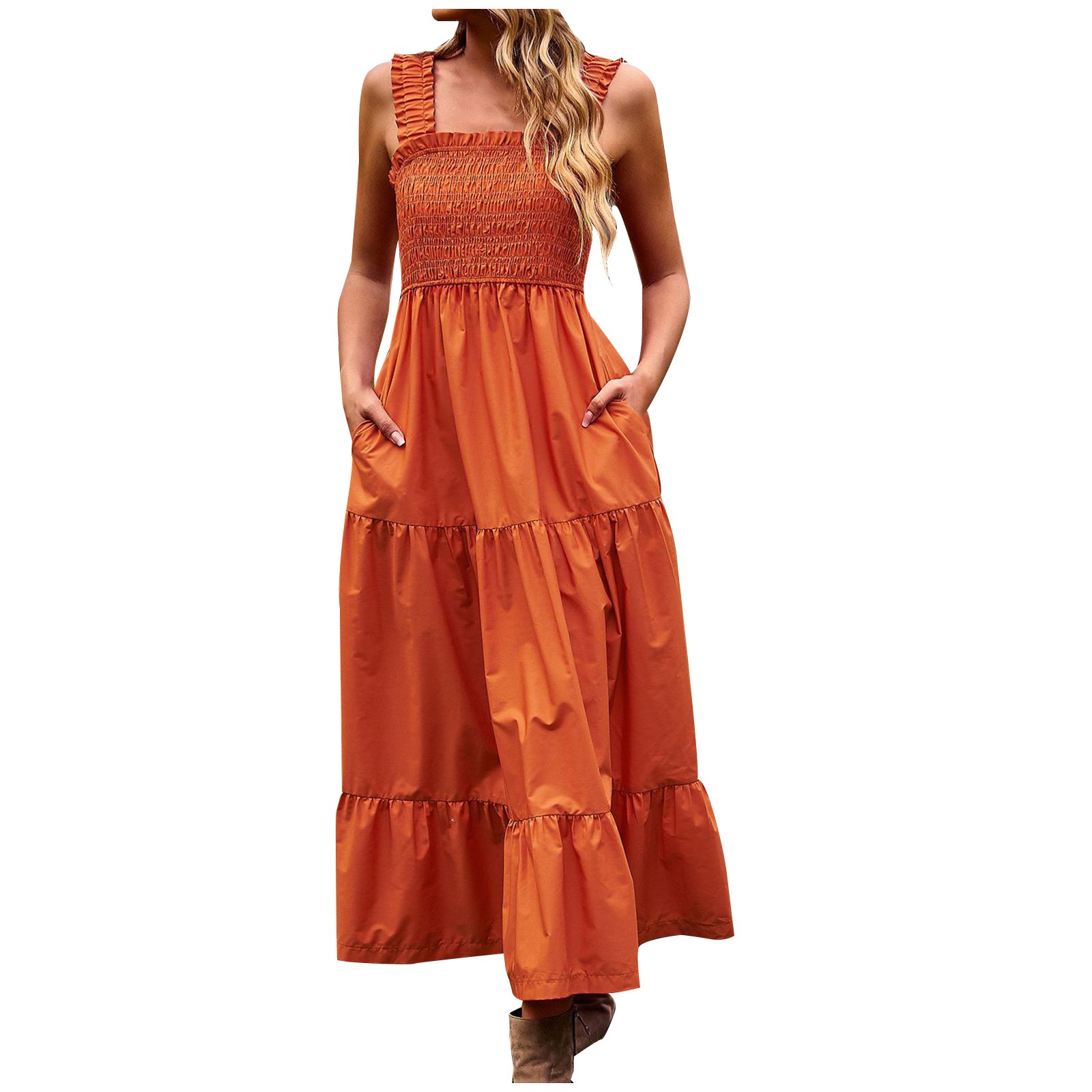 Besolor Women's Summer Boho Maxi Dress Casual Sleeveless Spaghetti Strap Smocked Tiered Flowy ...