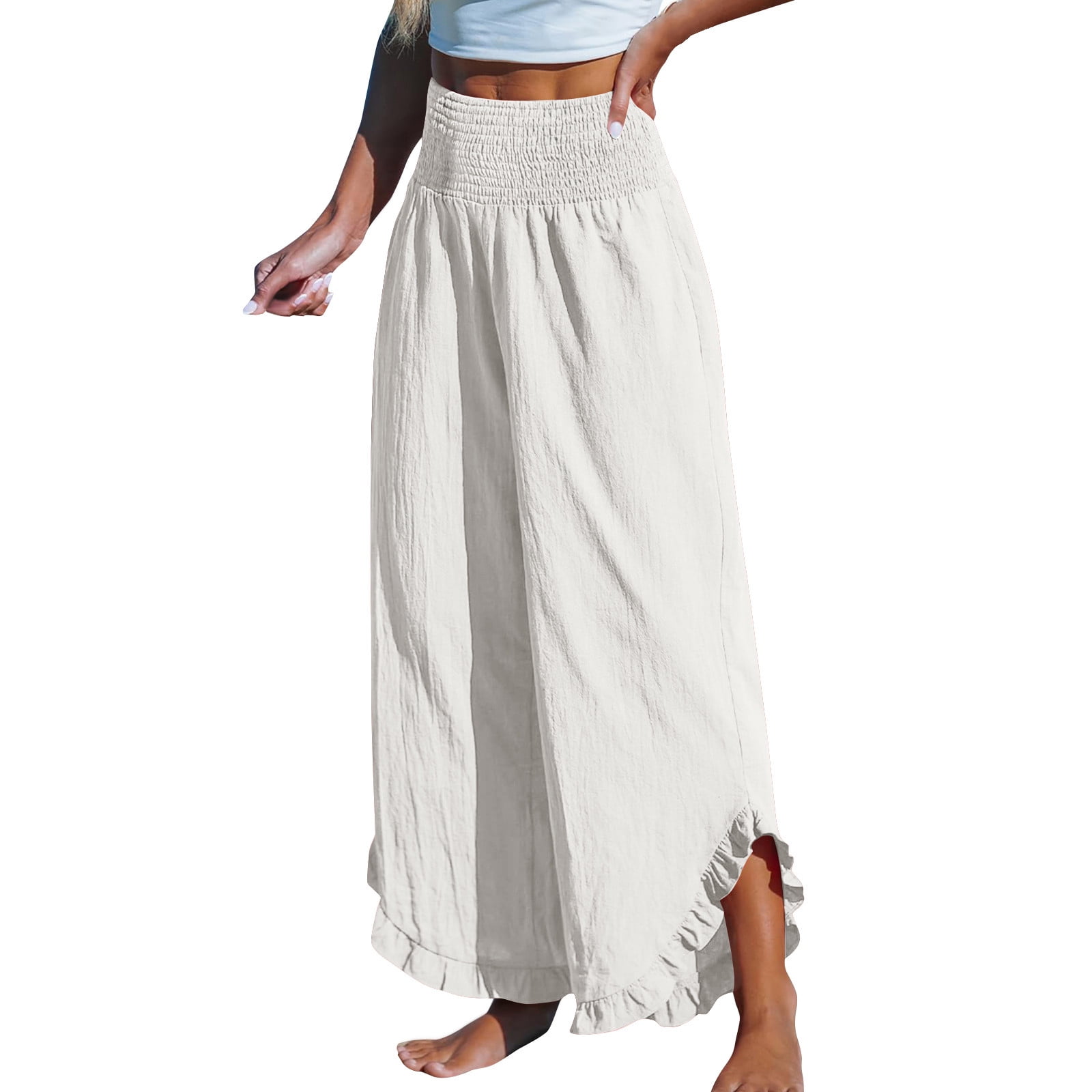 Besolor Women's Summer Boho Pants Smocked Elastic High Waist Ruffle ...