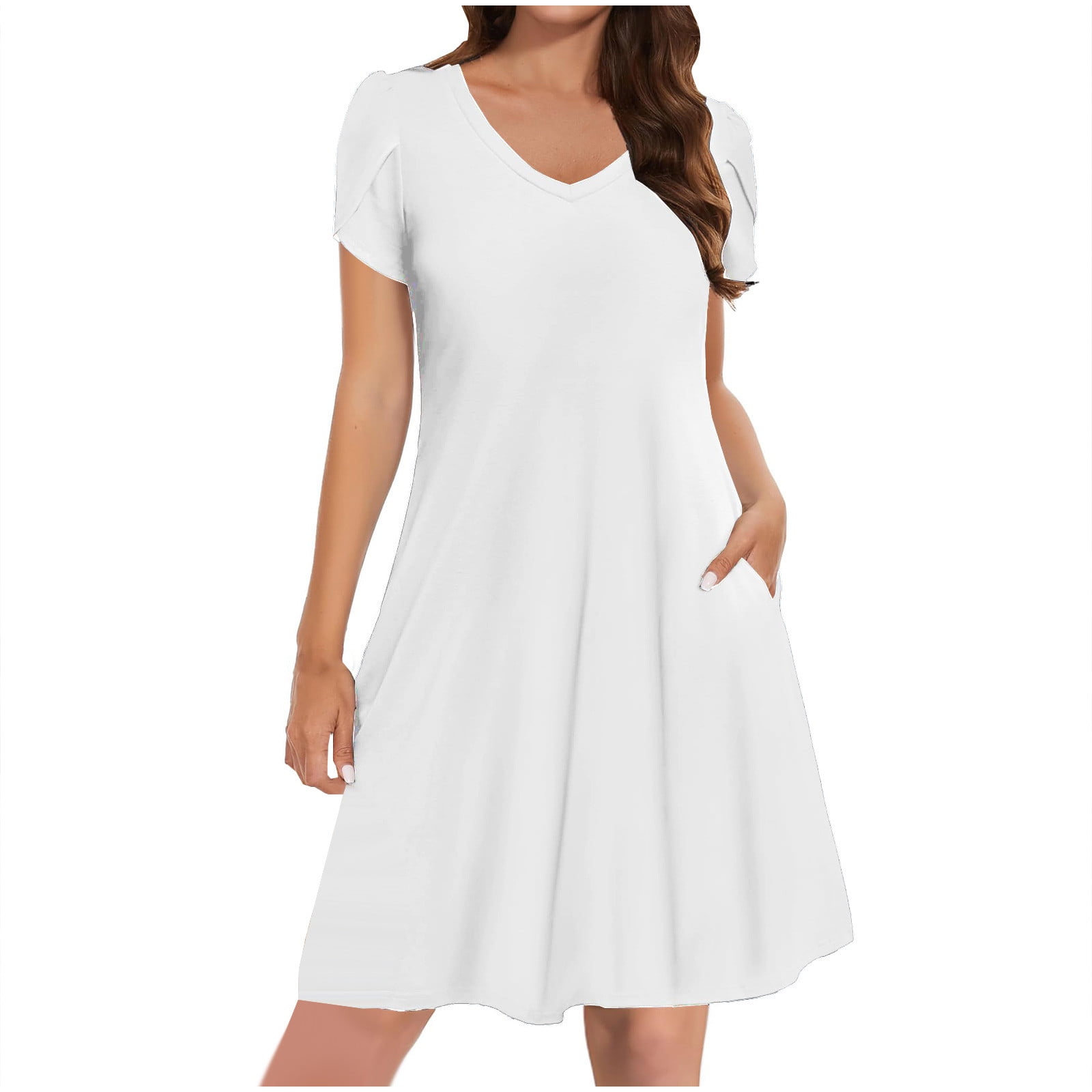 Besolor Women's Summer Dresses Petal Short Sleeve V Neck Casual A-Line ...