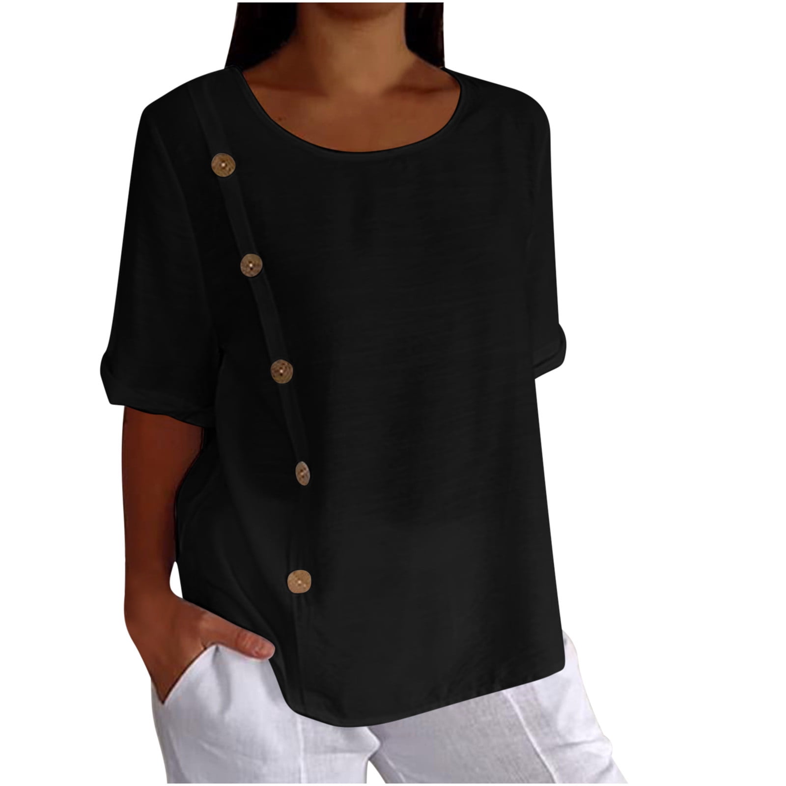 Besolor Women's Trendy Tops and Blouses Half Sleeve Crewneck Cotton ...