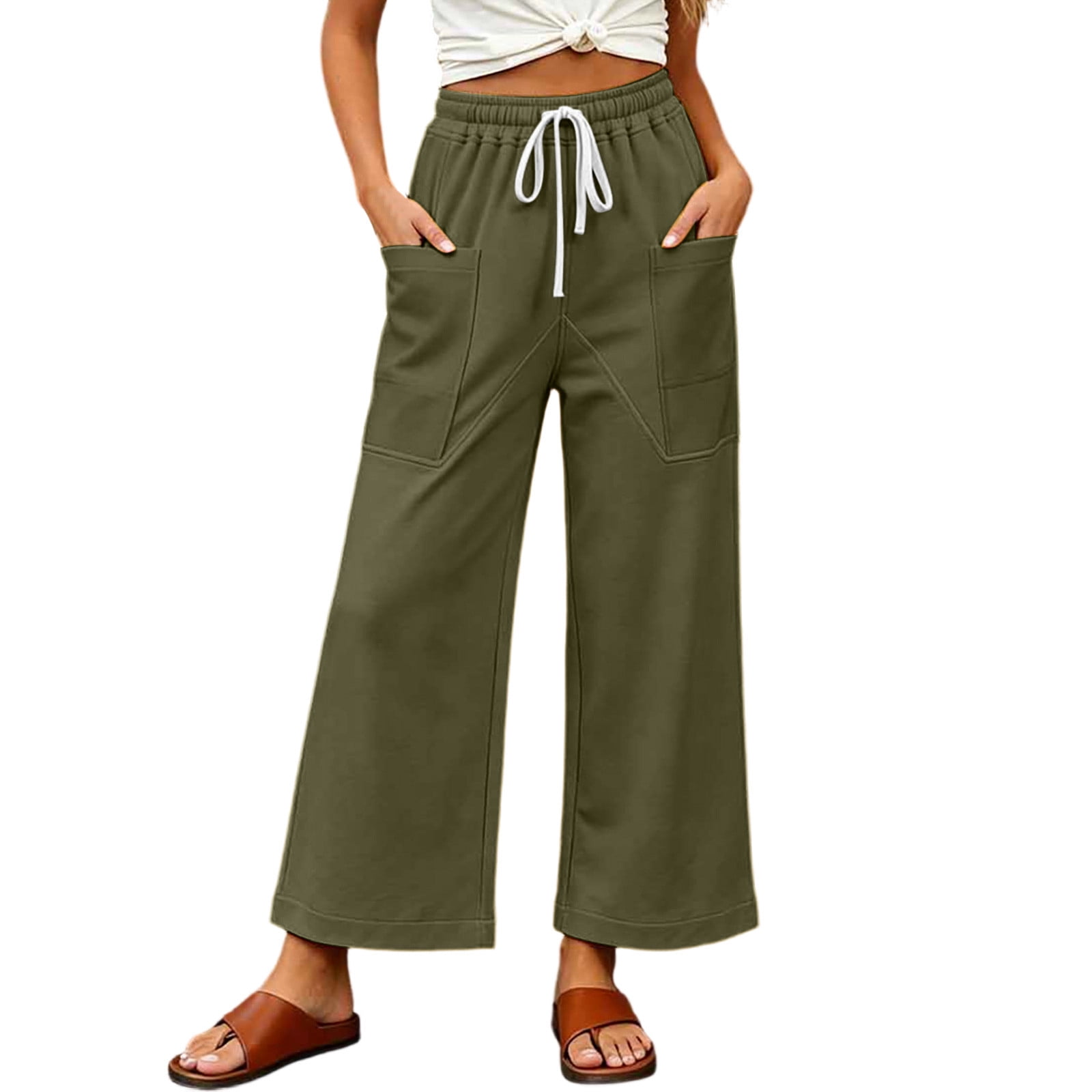 Besolor Women's Wide Leg Pants Casual Loose High Waisted Drawstring ...