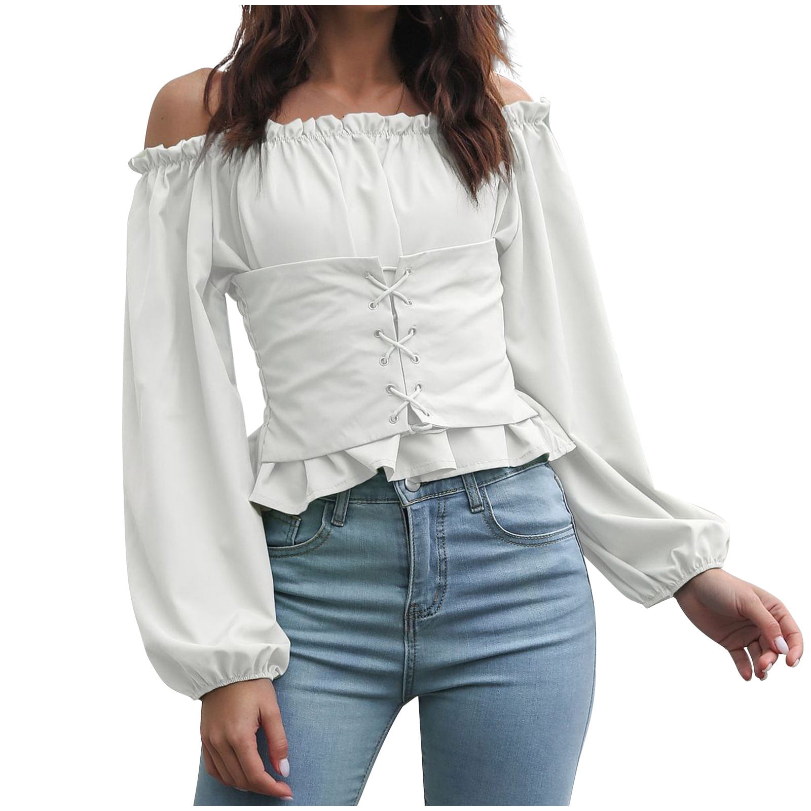 Besolor Women's off the Shoulder Crop Tops Trendy Lantern Puff Long ...