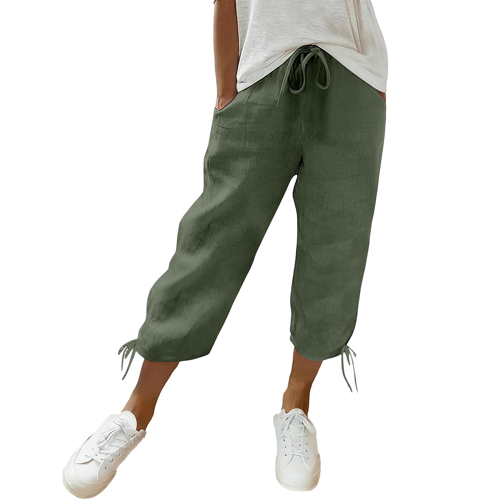Besolor Womens Capris Elastic Waist Drawstring Wide Leg Lightweight ...