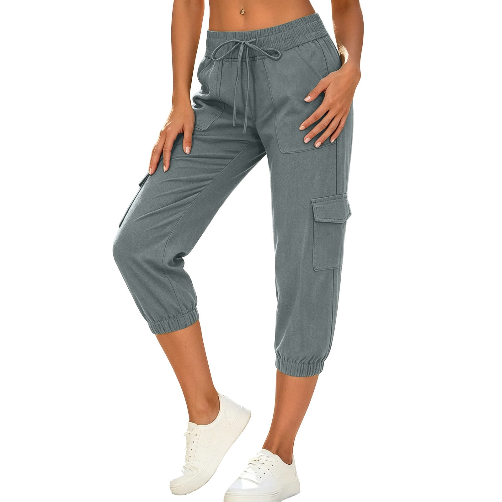 Besolor Womens Cargo Capris Elastic High Waist Drawstring Lightweight ...