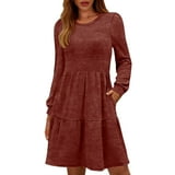 Besolor Womens Dress Round Neck Long Sleeve Casual Ruffle A-Line Flowy ...