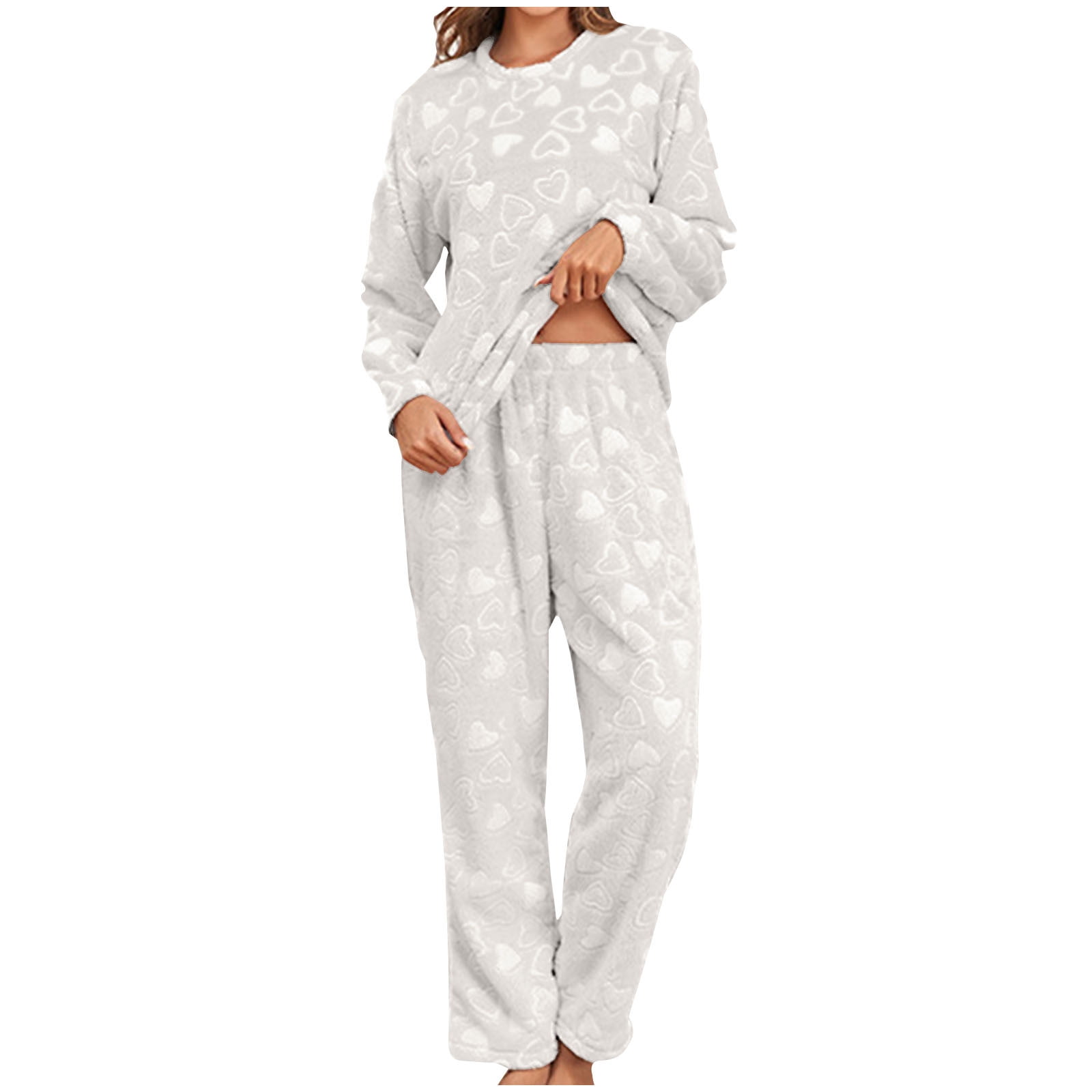 Besolor Womens Fleece Pajama Sets Fuzzy Heart Printed Long Sleeve Tops and Pants Sets Warm ...