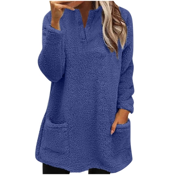 Besolor Womens Fuzzy Sherpa Fleece Sweaters Casual V Neck Sweatshirt ...