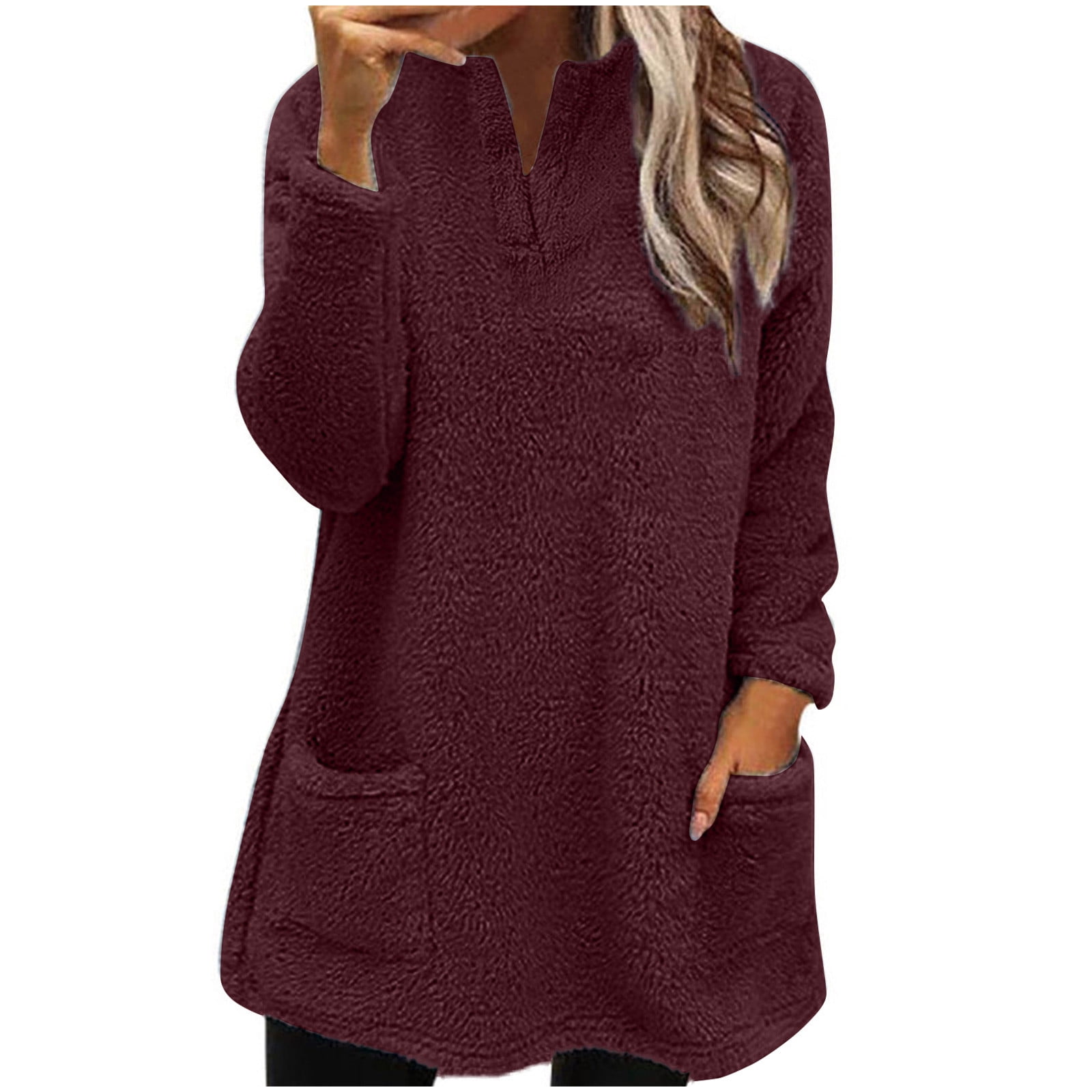 Besolor Womens Fuzzy Sherpa Fleece Sweaters Casual V Neck Sweatshirt ...