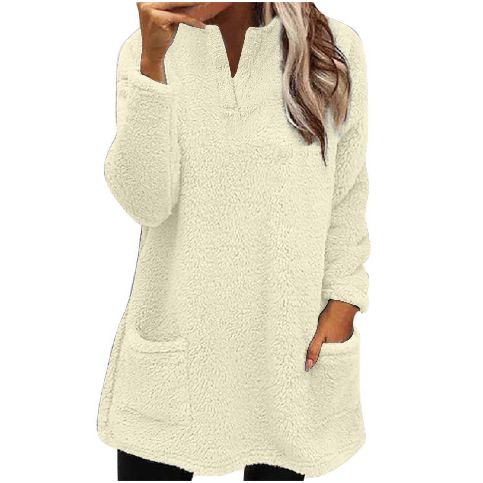 Besolor Womens Fuzzy Sherpa Fleece Sweaters Casual V Neck Sweatshirt ...