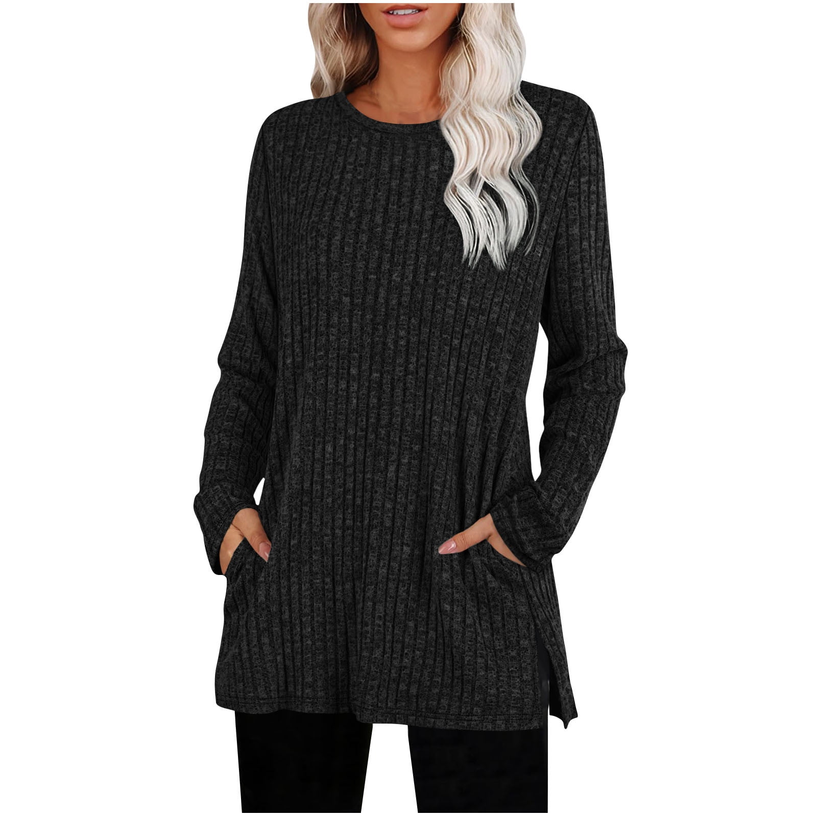 Besolor Womens Long Sleeve Shirts with Pockets Crewneck Fall Sweaters ...