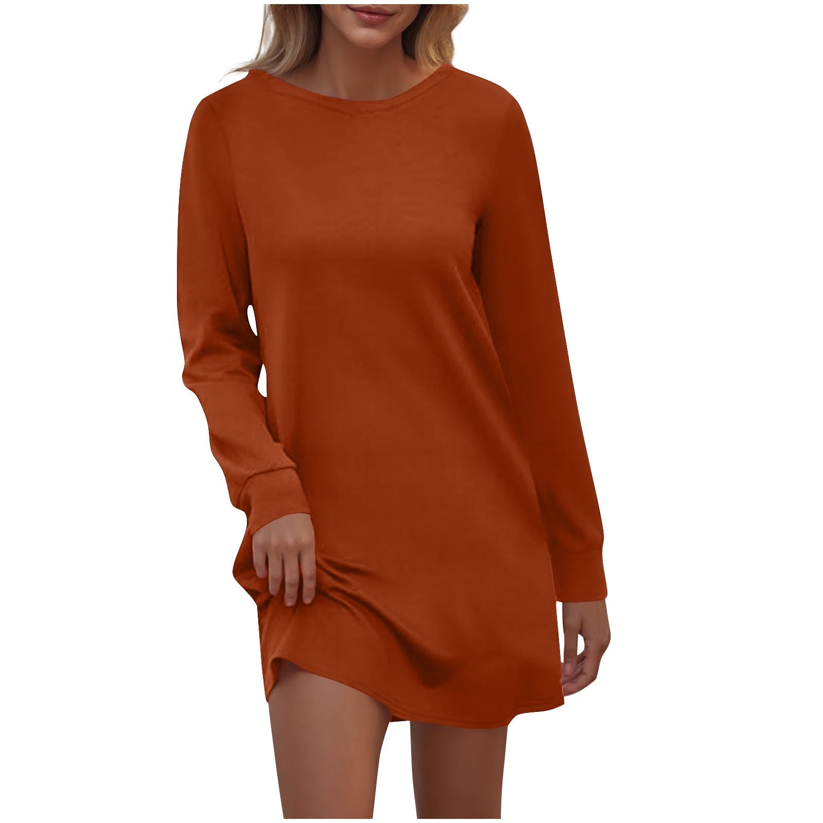 Besolor Womens Long Sleeve Tunic Dress Casual Round Neck Pleated Back ...