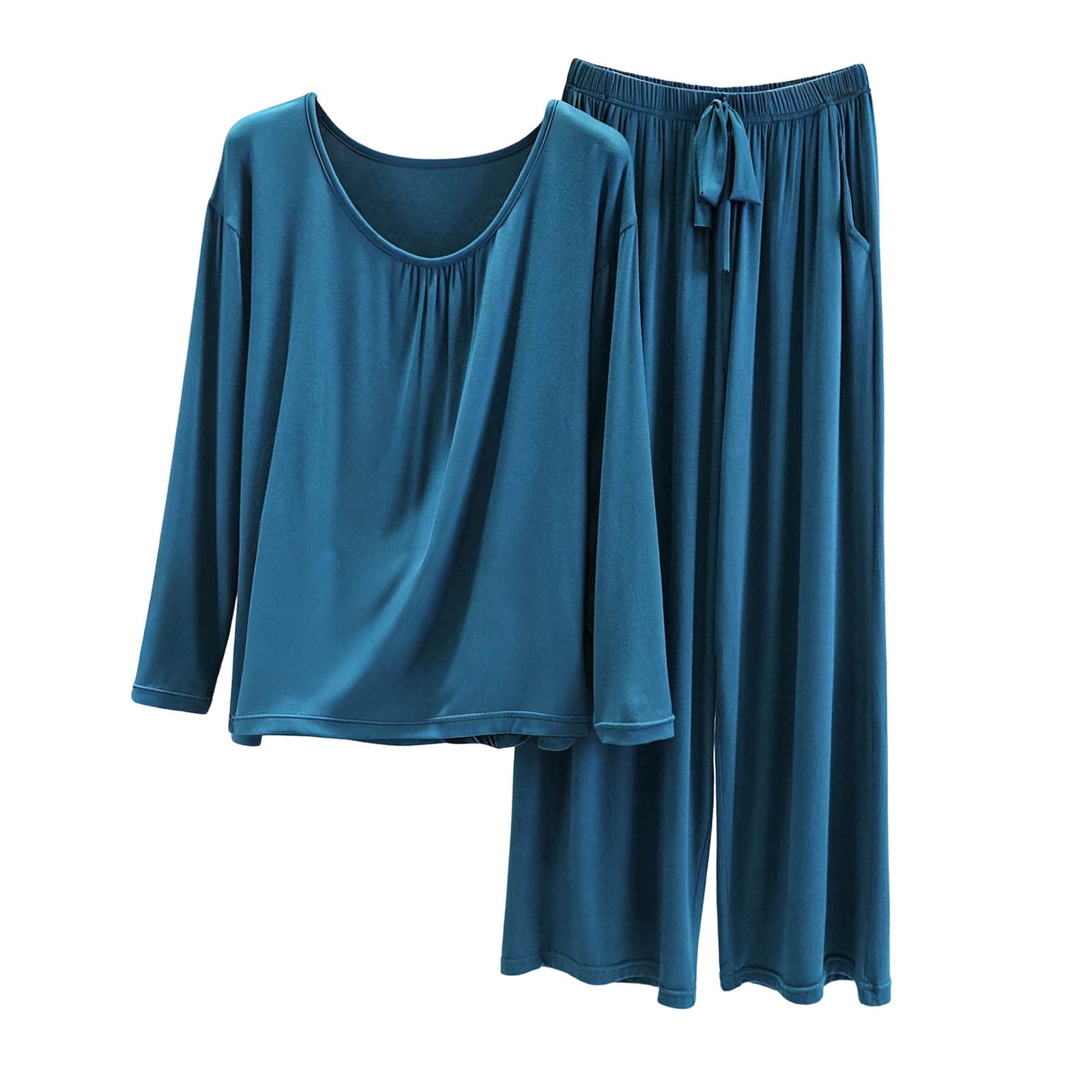 Besolor Womens Pajama Sets 2 Piece Crewneck Pleated Long Sleeve Shirts ...