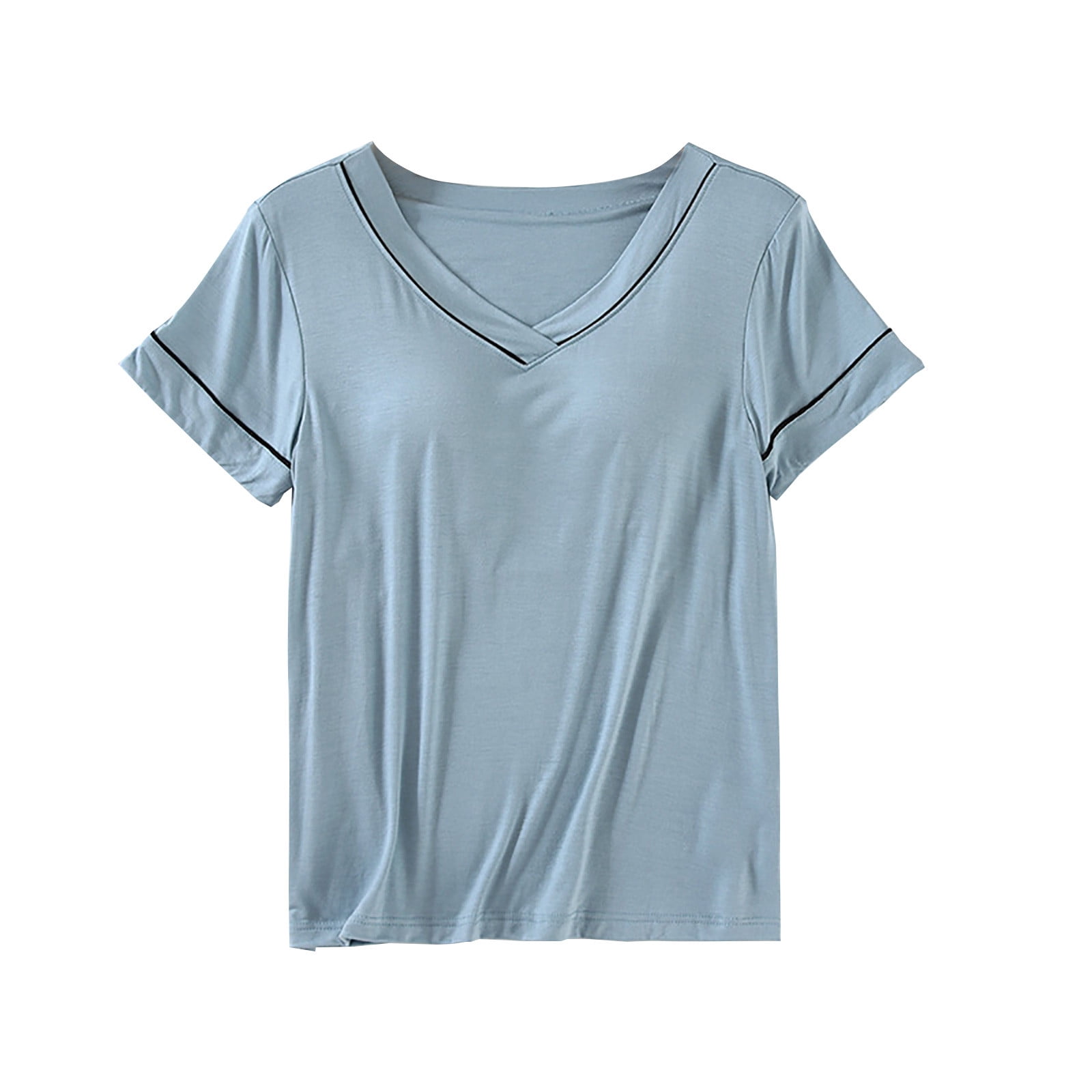 Besolor Womens Pajama Tops with Built in Bras V Neck Short Sleeve Sleep ...