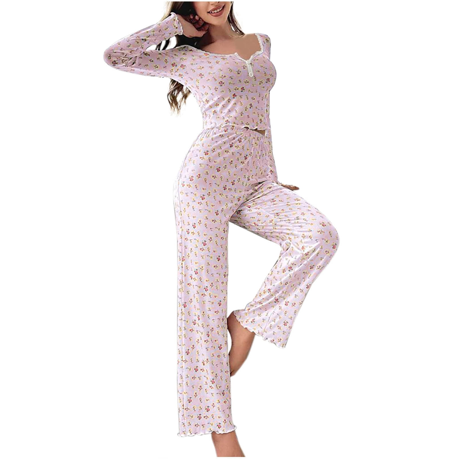 Besolor Womens Pajamas 2 Piece Floral Print Frilly Trim Long Sleeve ...