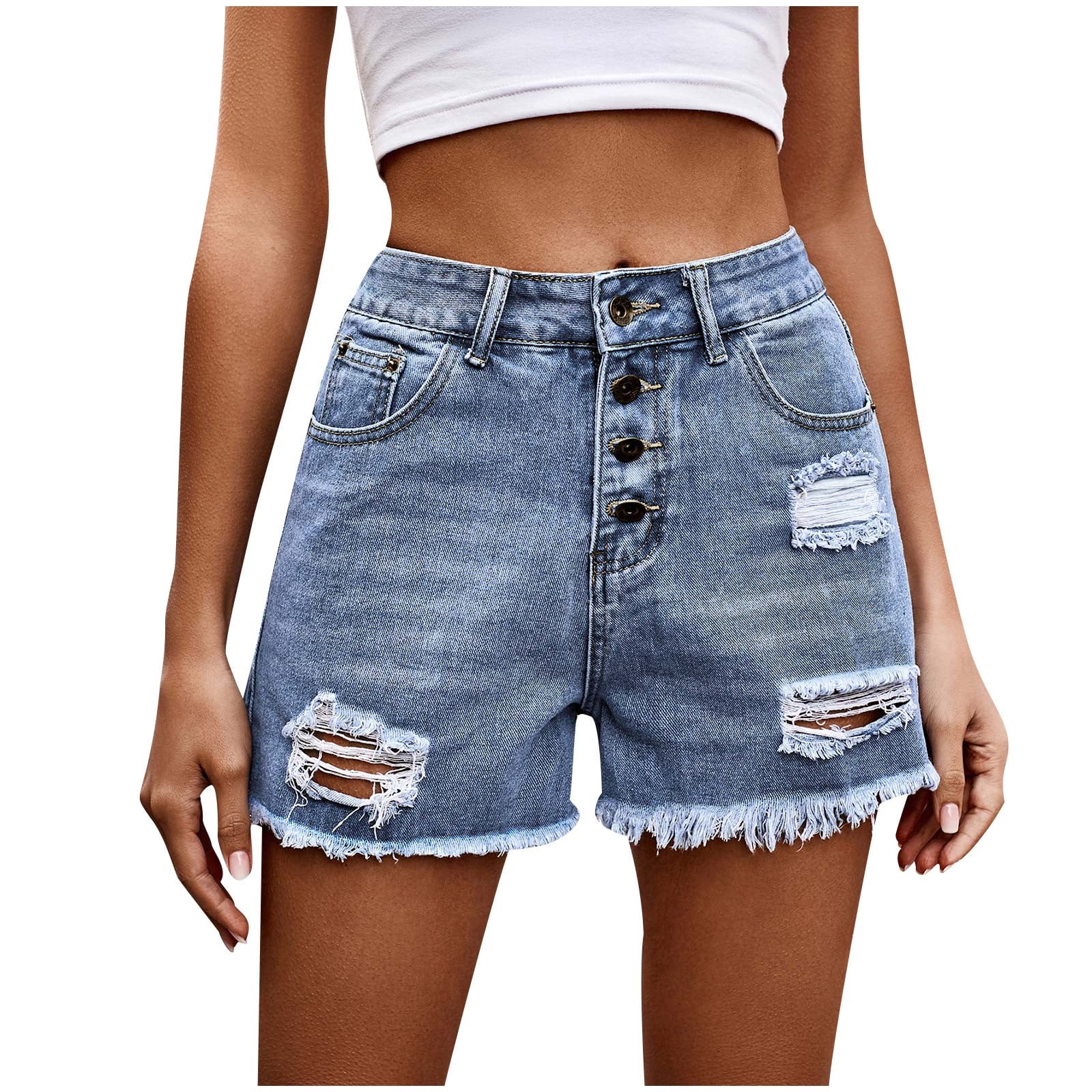 Besolor Womens Ripped Jeans Shorts High Waisted Button Frayed Raw Hem ...