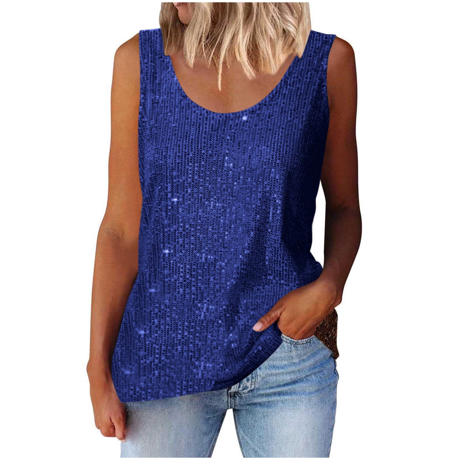 Besolor Womens Sequin Tank Tops Fashion Round Neck Sleeveless Sparkle ...