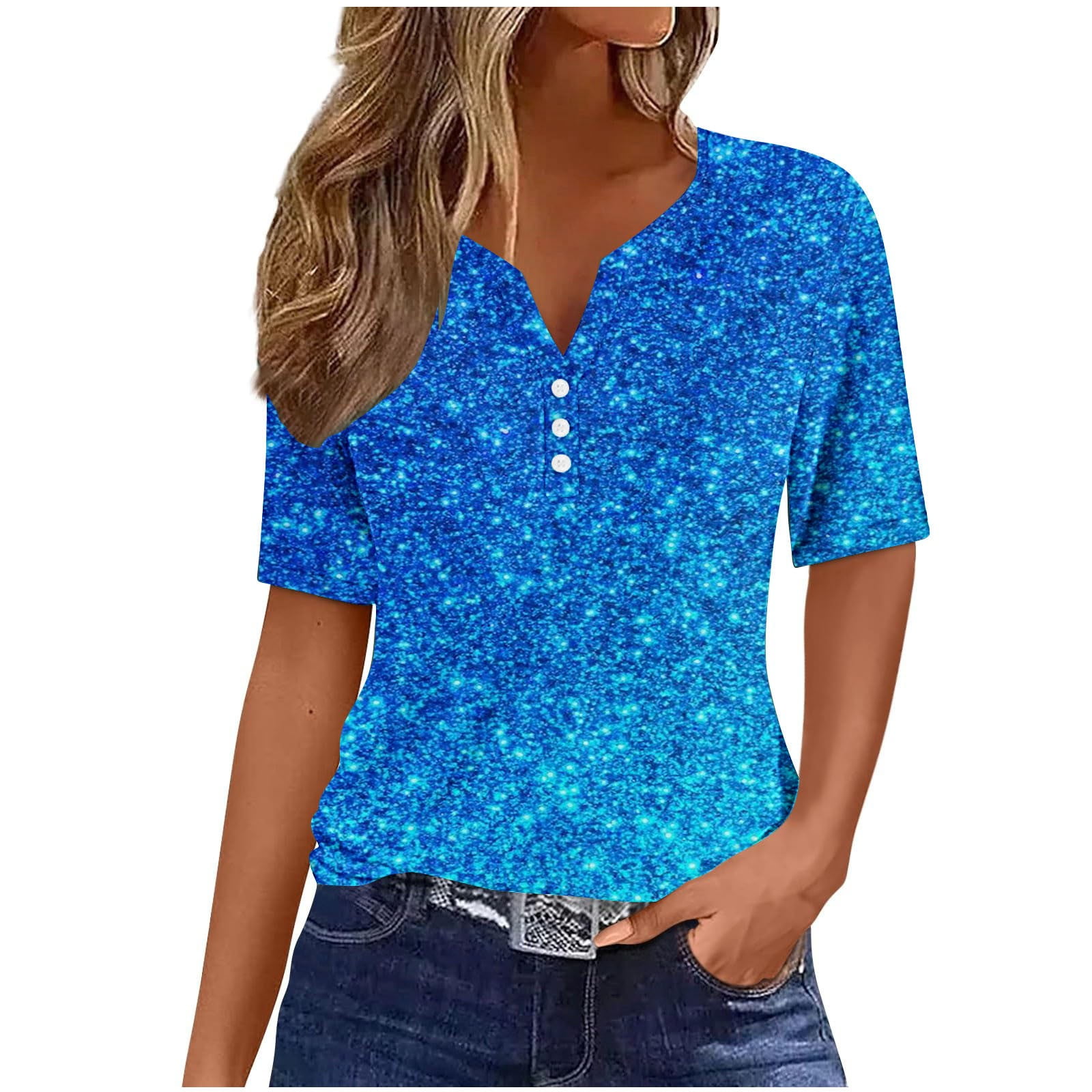 Besolor Womens Sequin Tunic Tops V Neck Short Sleeve Glitter Sparkly ...