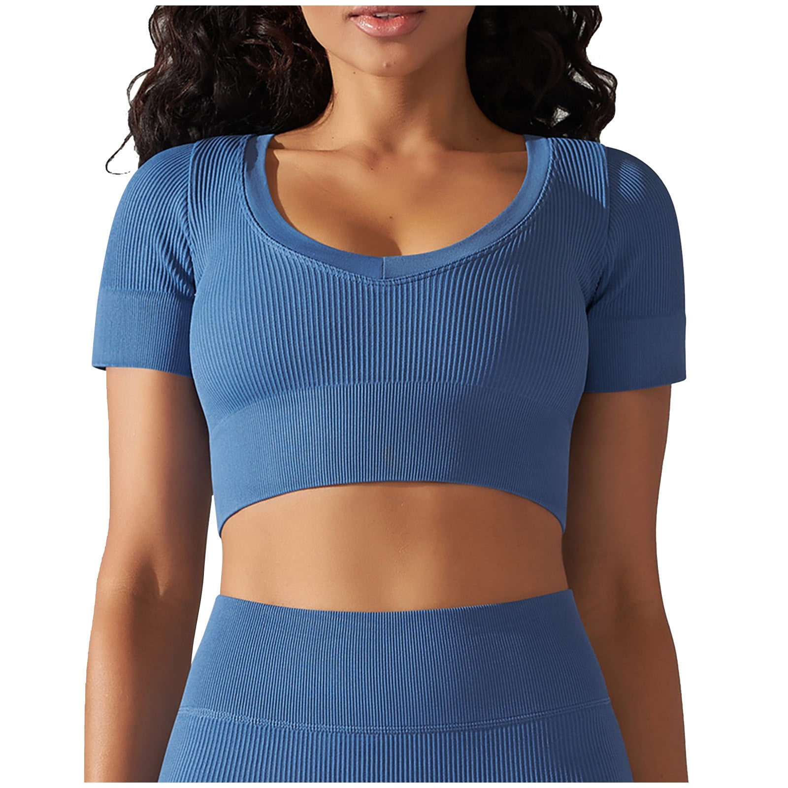 Besolor Womens Short Sleeve Cropped Workout Tops Round Neck Ribbed Knit ...
