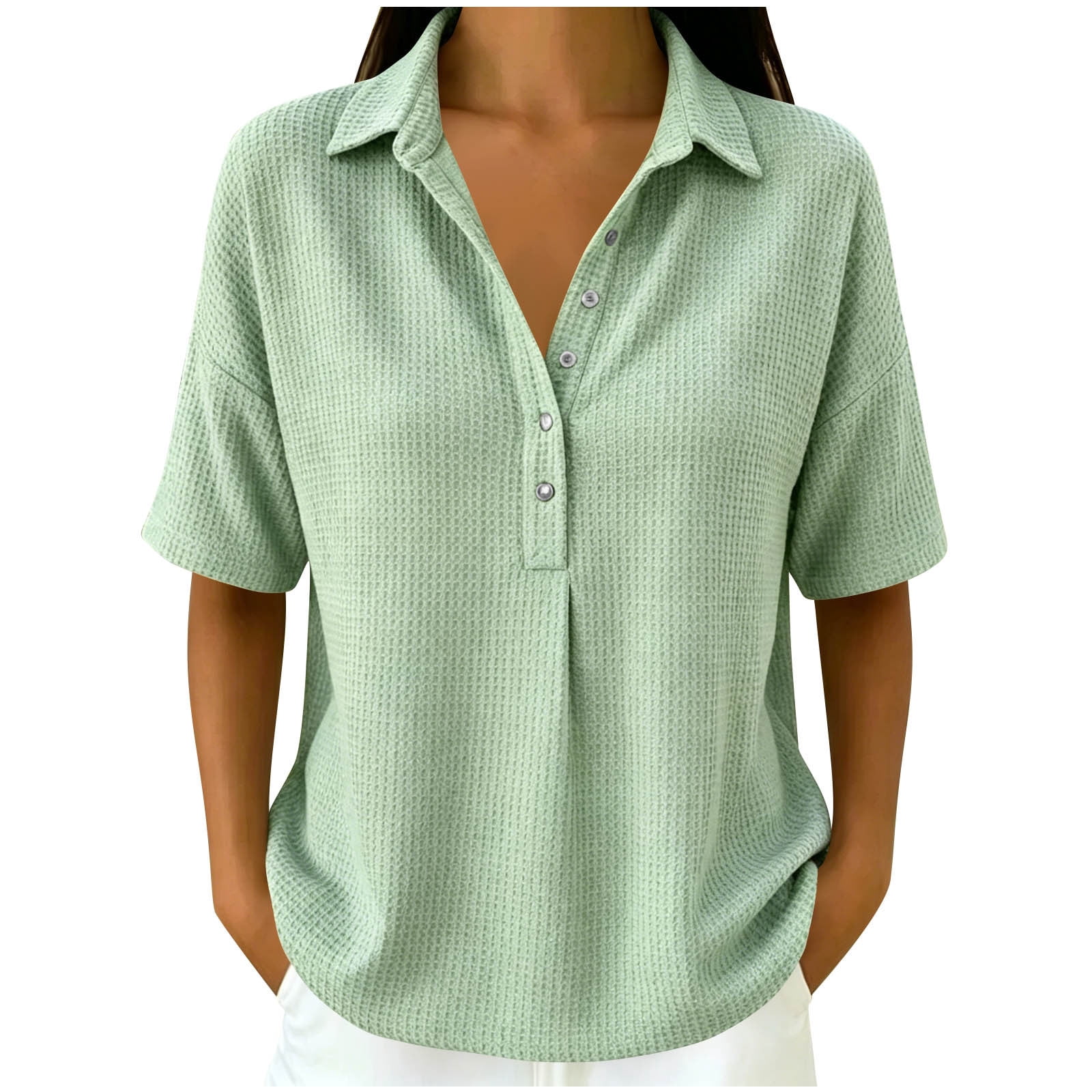 Besolor Womens Short Sleeve Tops Half Button V Neck Lapel Collar Shirts ...
