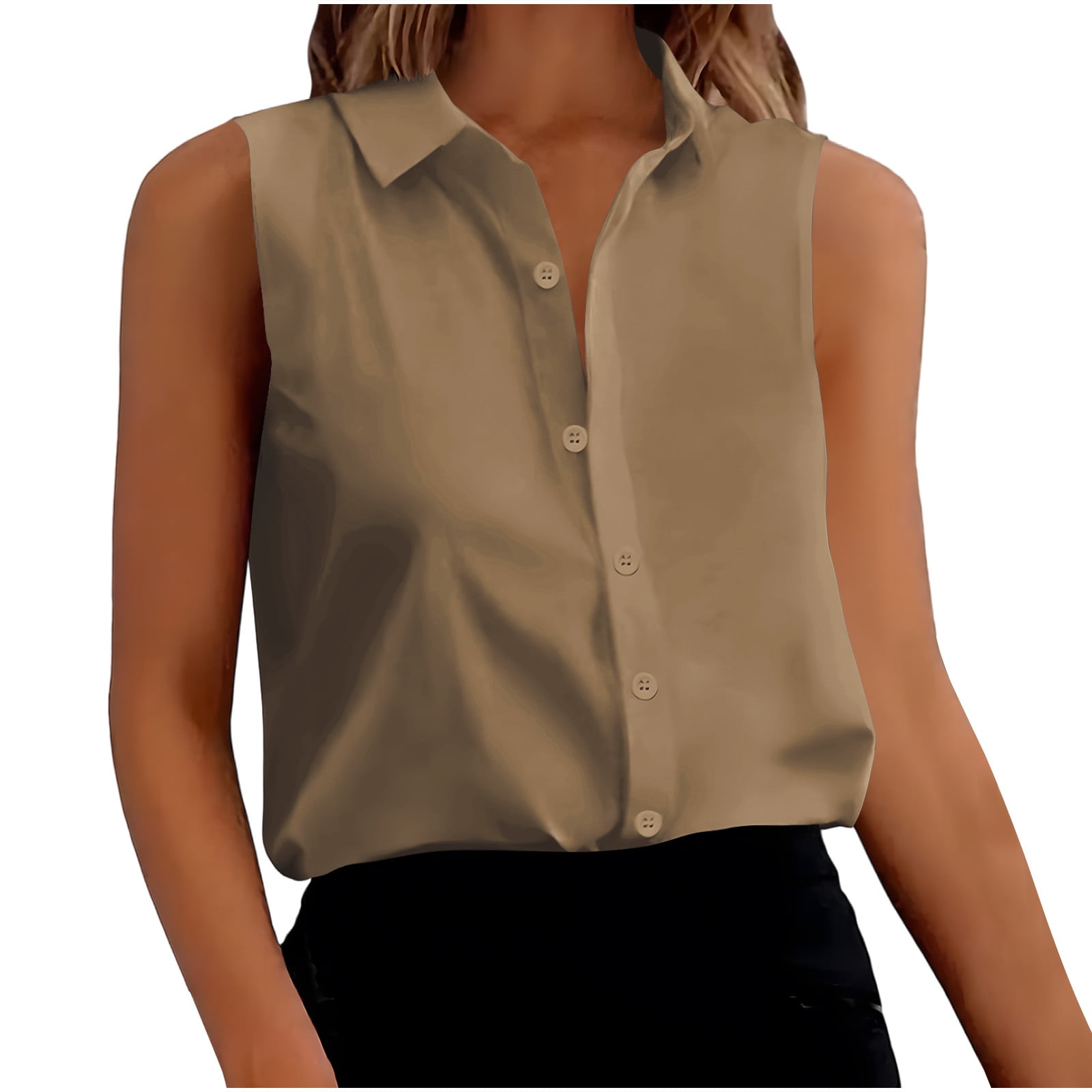 Besolor Womens Sleeveless Button down Shirt Collared Loose Work Blouse ...